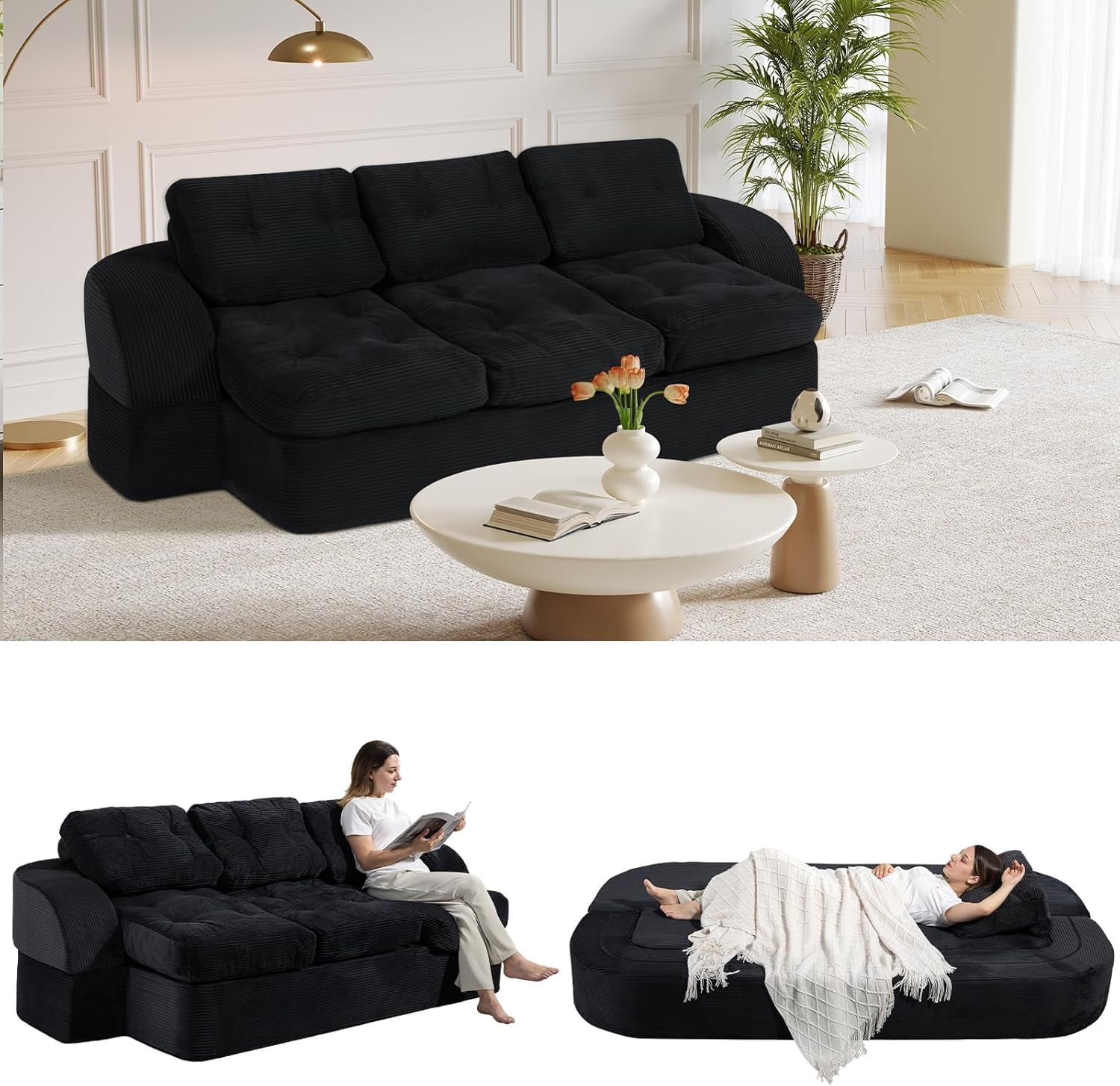 Cloud Floor Sofa – 3-Seater Convertible Couch Bed, Tufted Corduroy ...