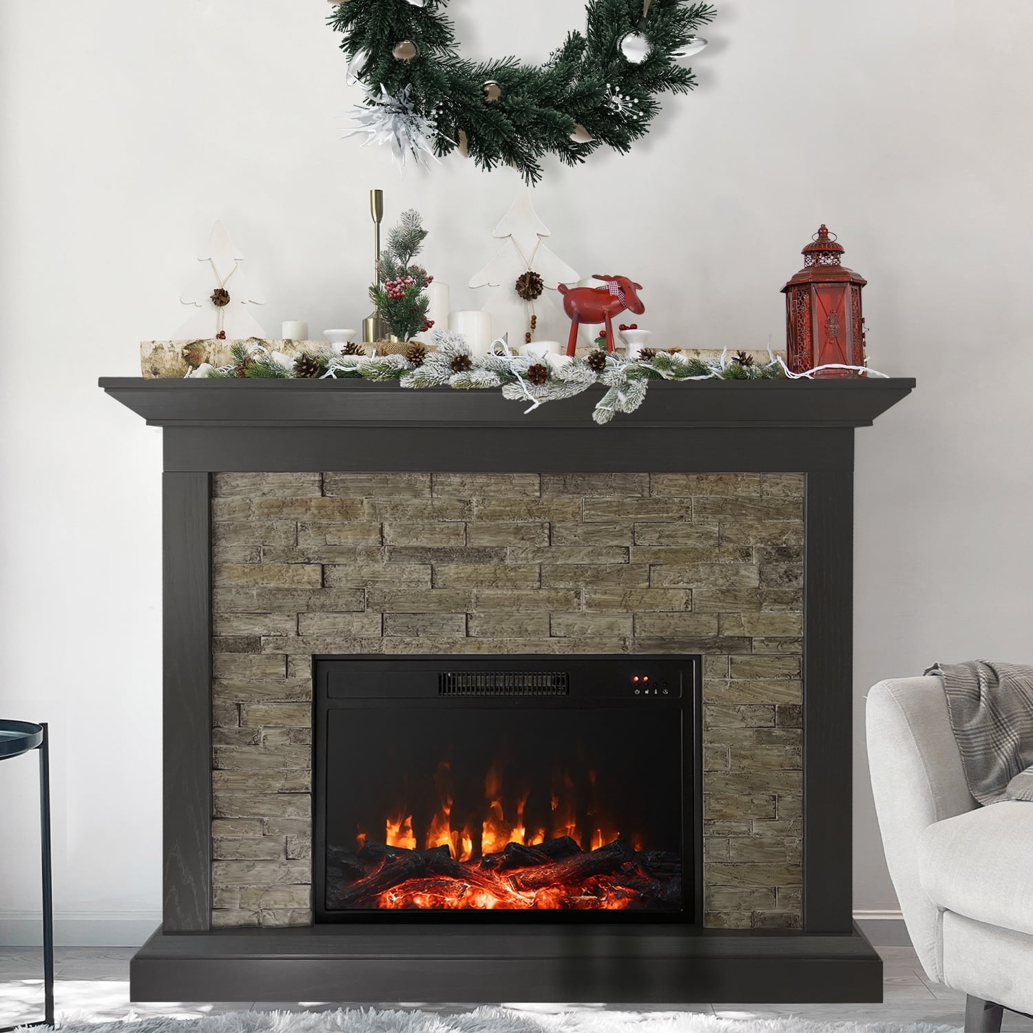 "Cloud Mountain 45"" Faux Stone Electric Fireplace with Real Looking ...
