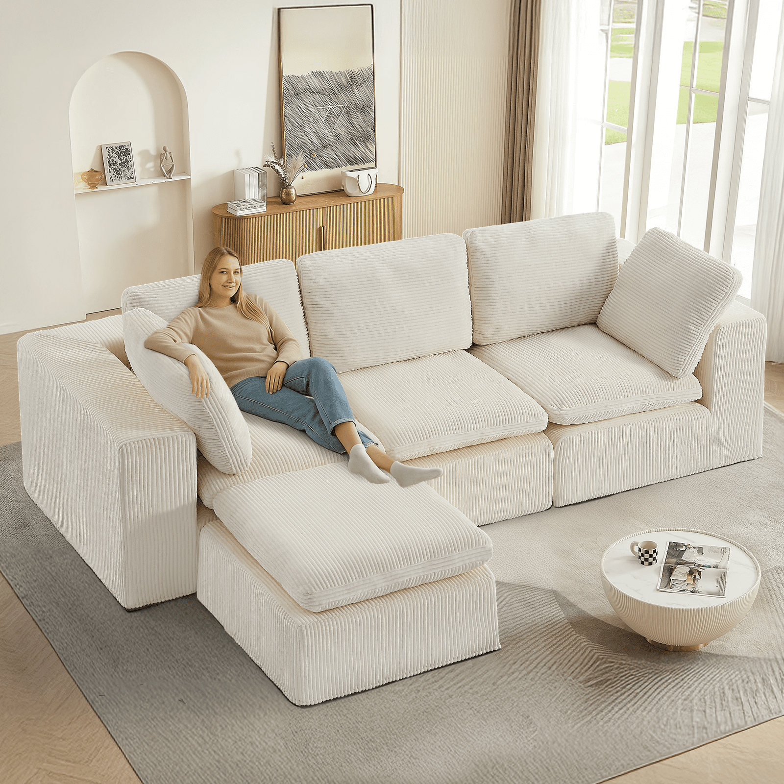 Cloud Sectional Couches for Living Room, Modular L-Shaped Sofa with Ottoman, Corduroy Sleeper ...