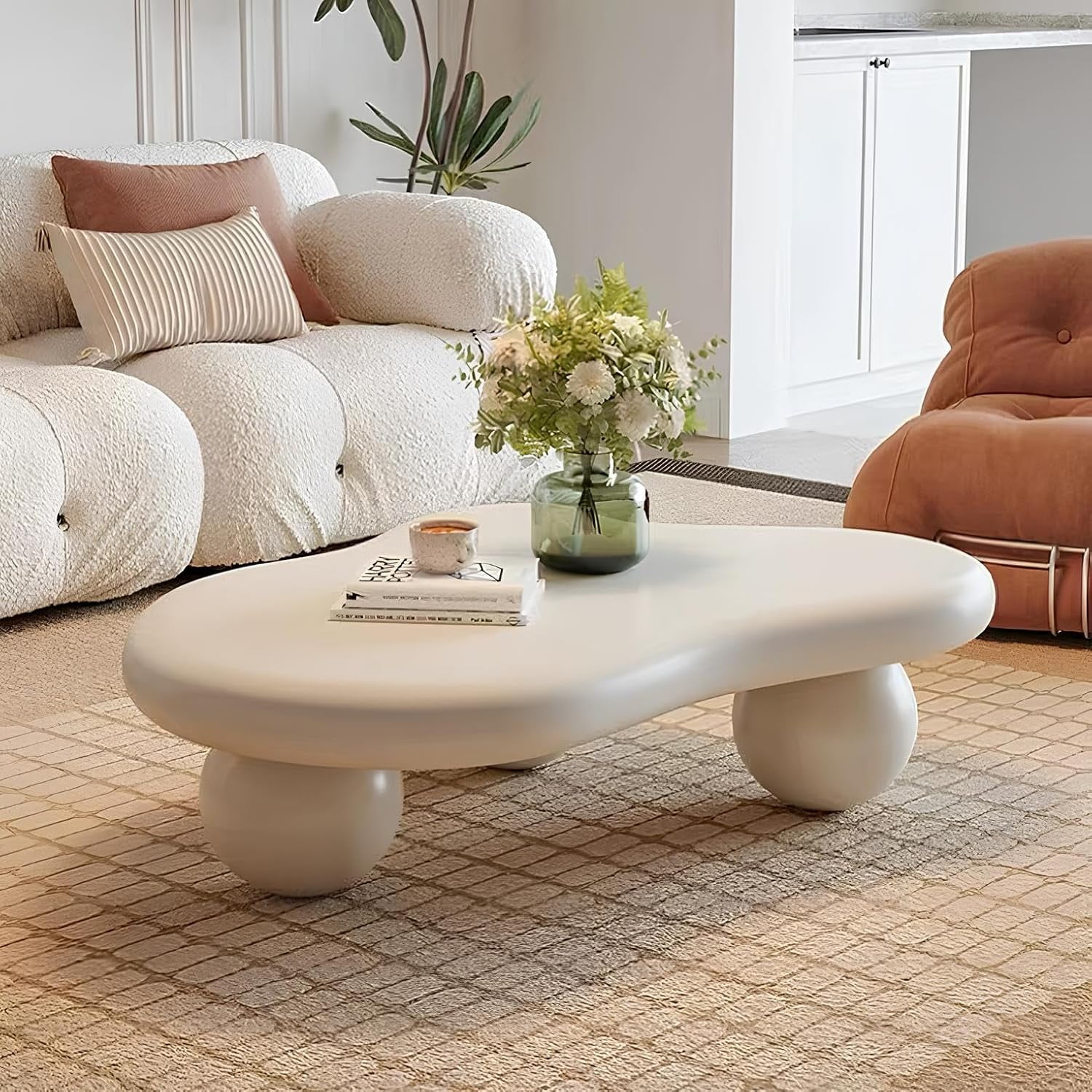 Cloud-Shape Cute Cream White Irregular Coffee Table with 3 Short Legs ...