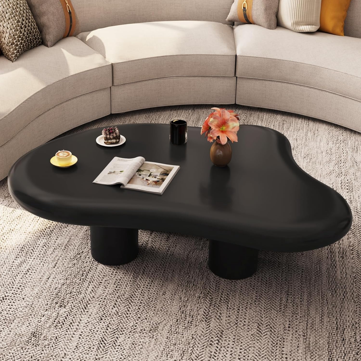 Cloud-Shaped Coffee Table, Modern Sofa Table with 4 Legs, Black Center ...