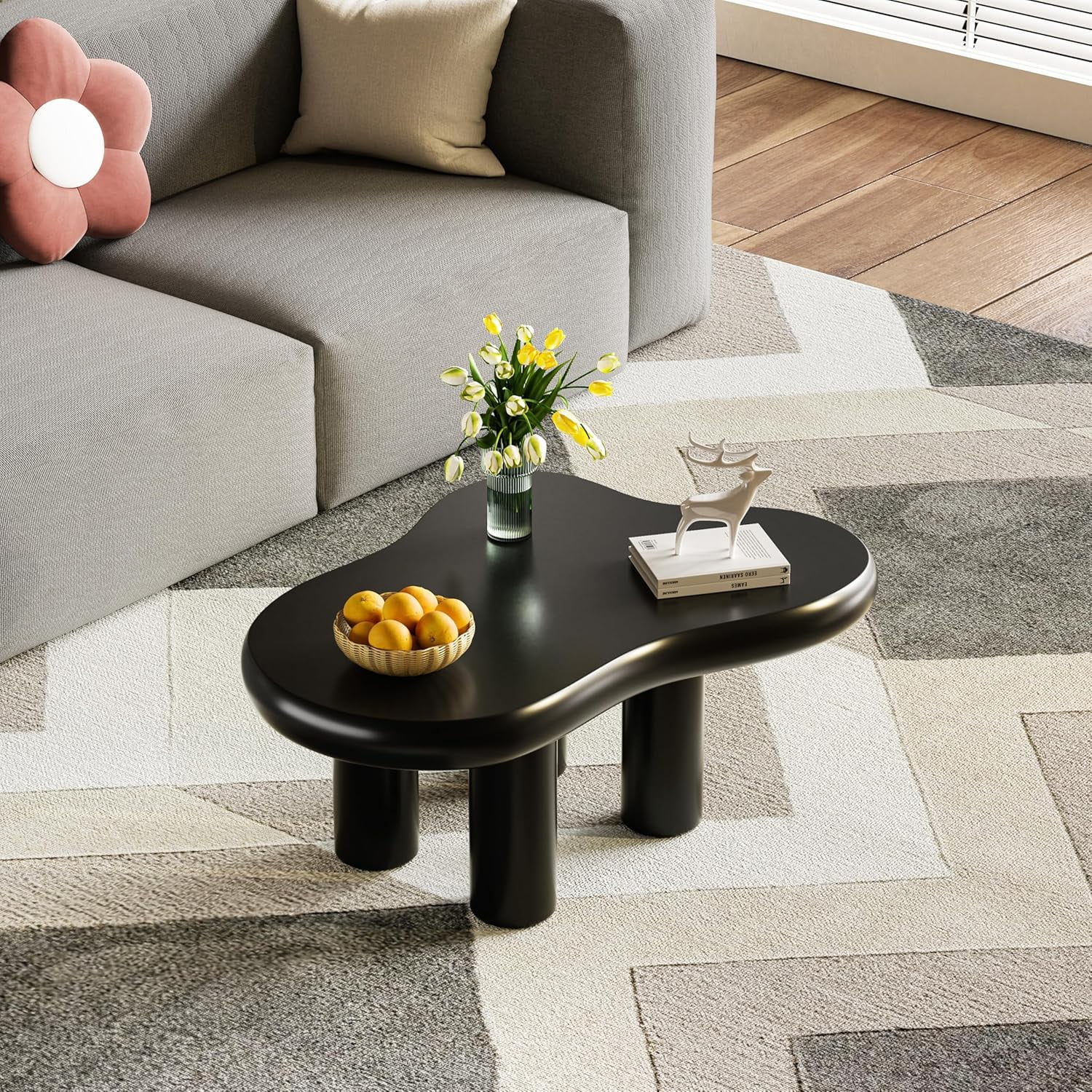 Cloud-Shaped Modern Coffee Table, Cute Cream Coffee Table with 4 Solid ...