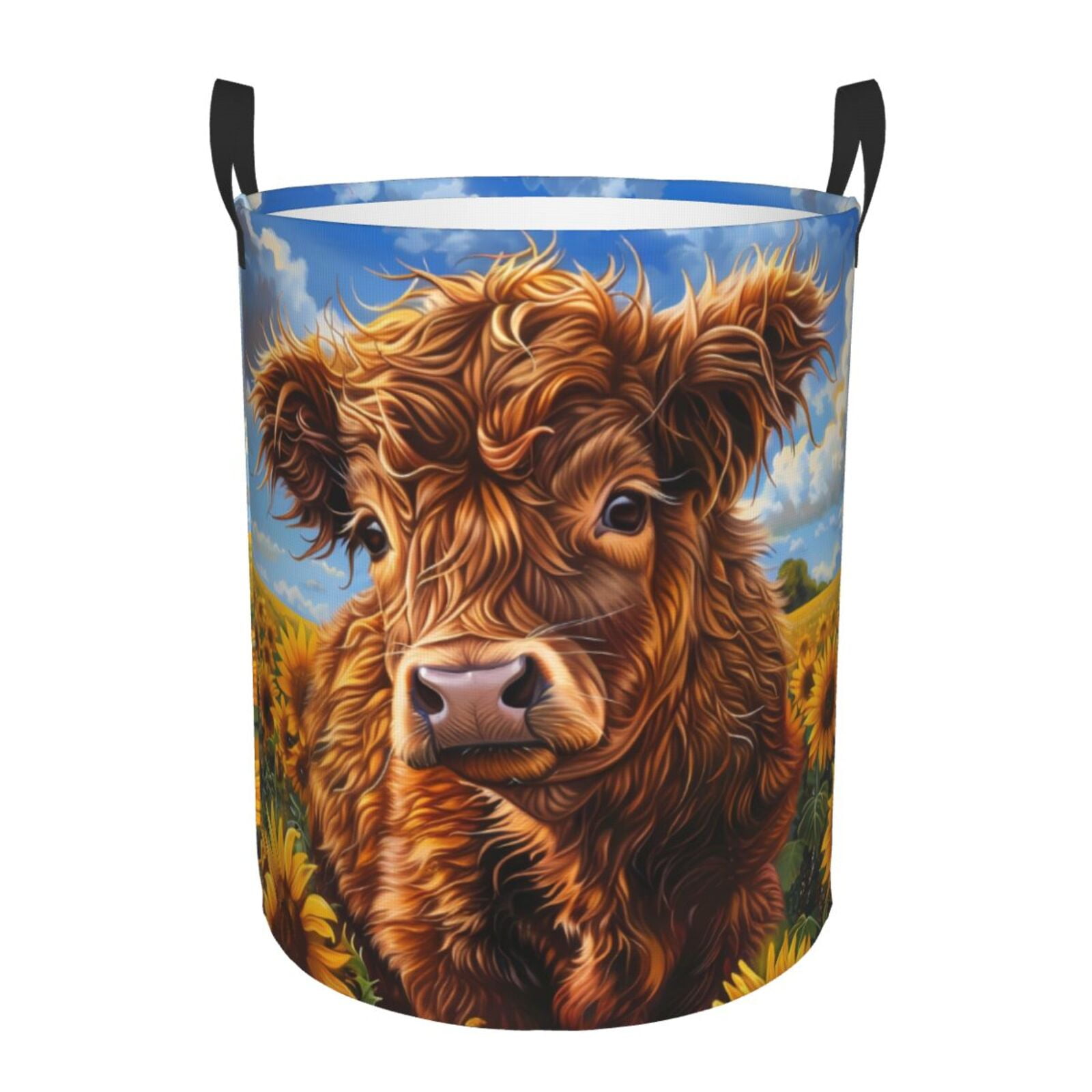 Cloud Sky Sunflower Cow Laundry Basket with Handles - Freestanding ...