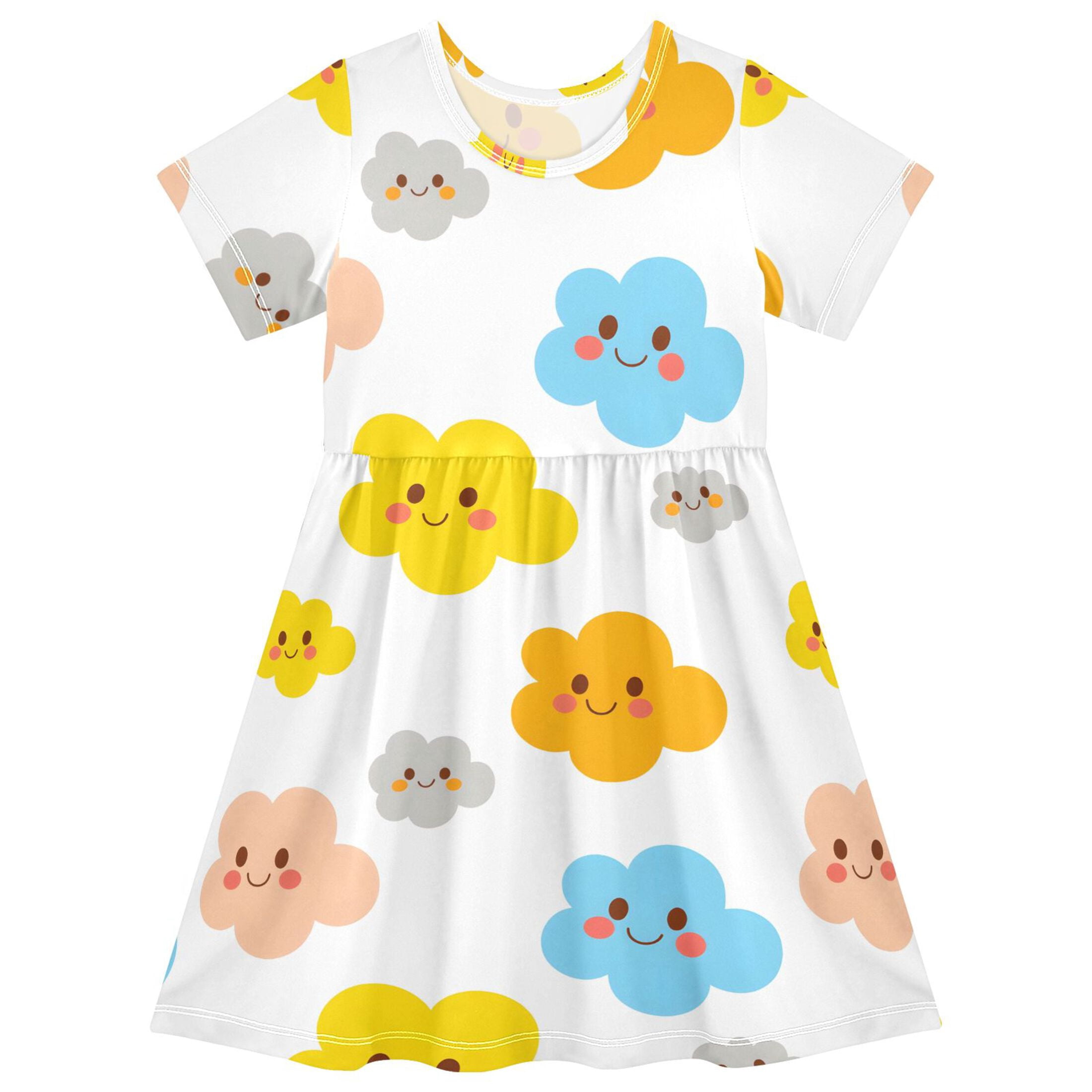 Cloud Tile White Pattern Girls Short Sleeve Dress A Line Sun Protection ...