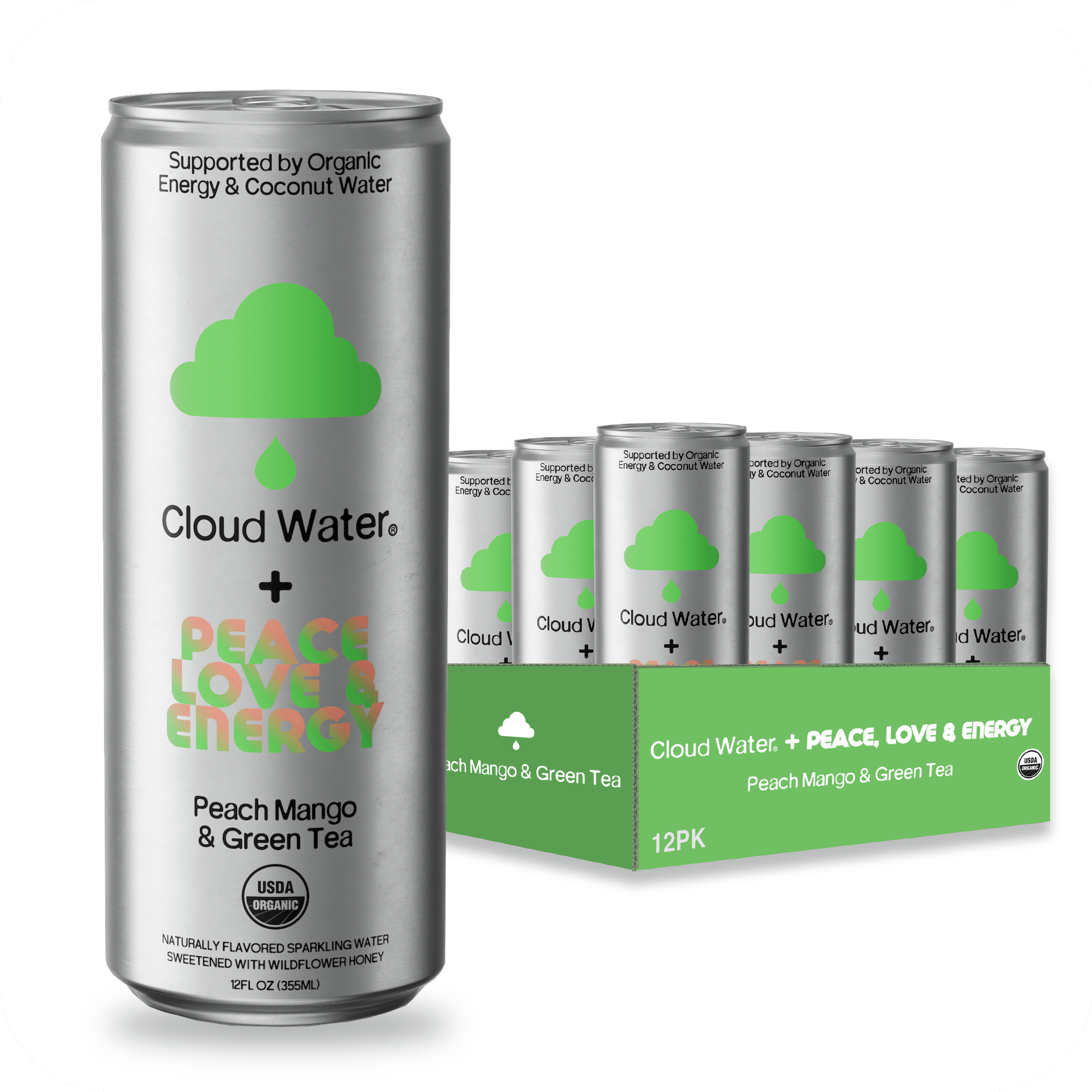 Cloud Water +PEACE LOVE ENERGY Peach Mango & Green Tea, 12 Pack ...