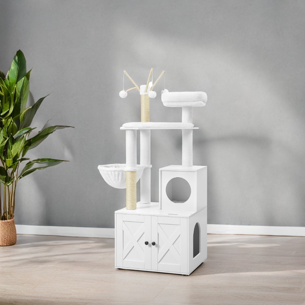 Cloud White 2-in-1 modern cat tree with litter box enclosure. A 55.1 ...