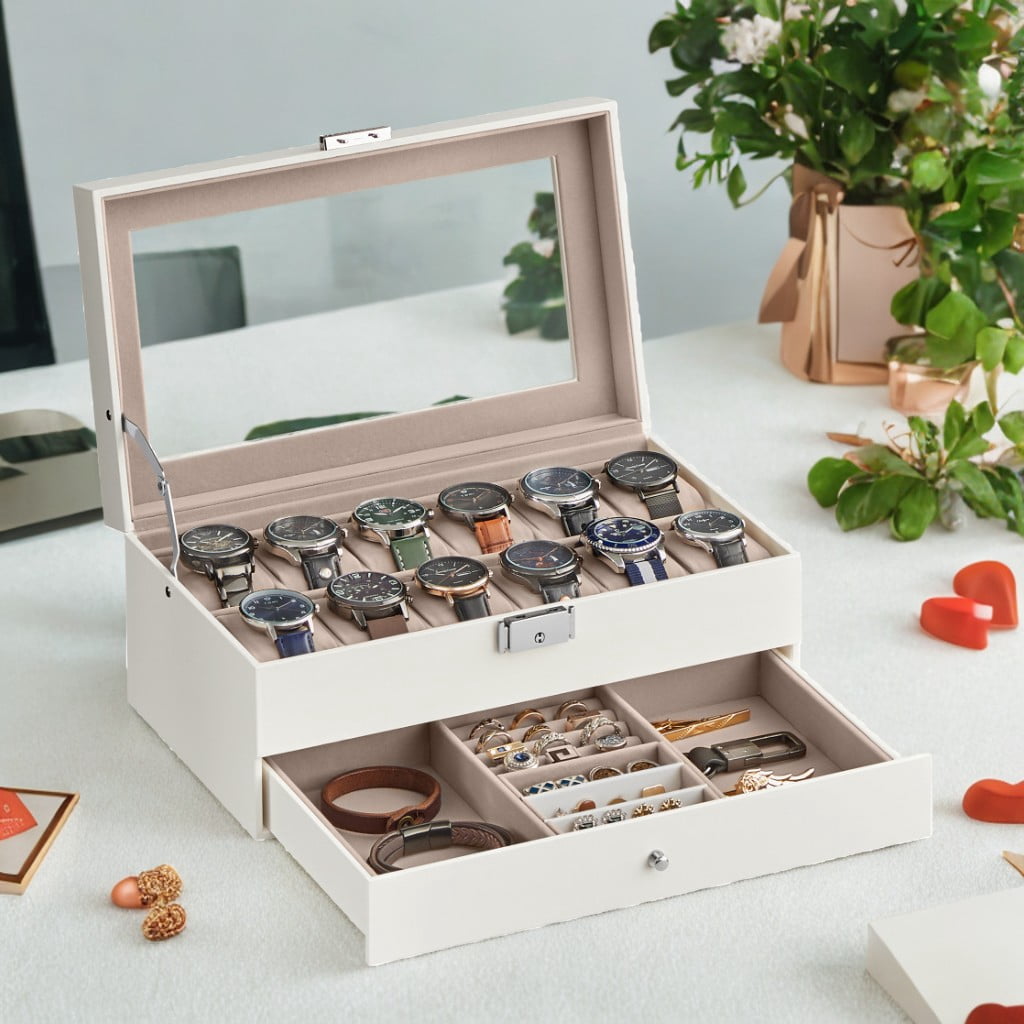 Cloud White Synthetic Leather 12-Slot Watch Box with Lockable Feature ...