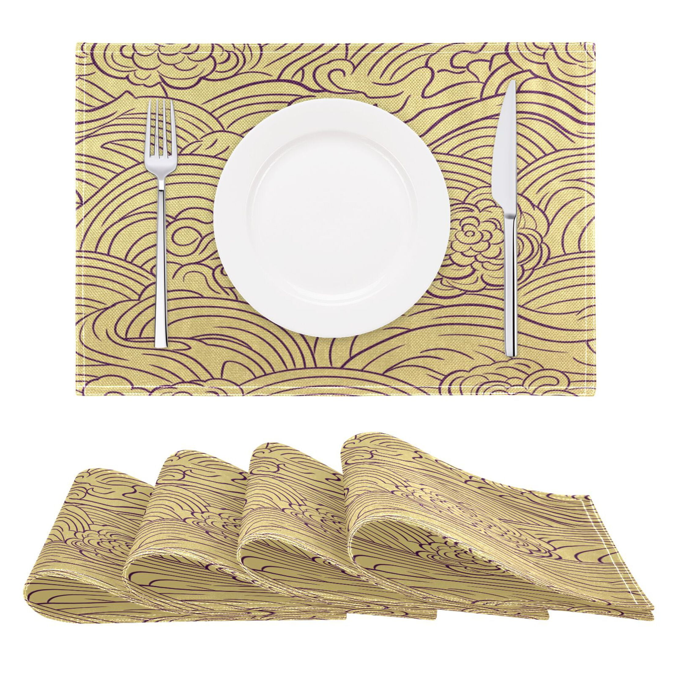 Cloud and Wave Pattern Reversible Placemat Set of 4 Non Slip Coffee ...