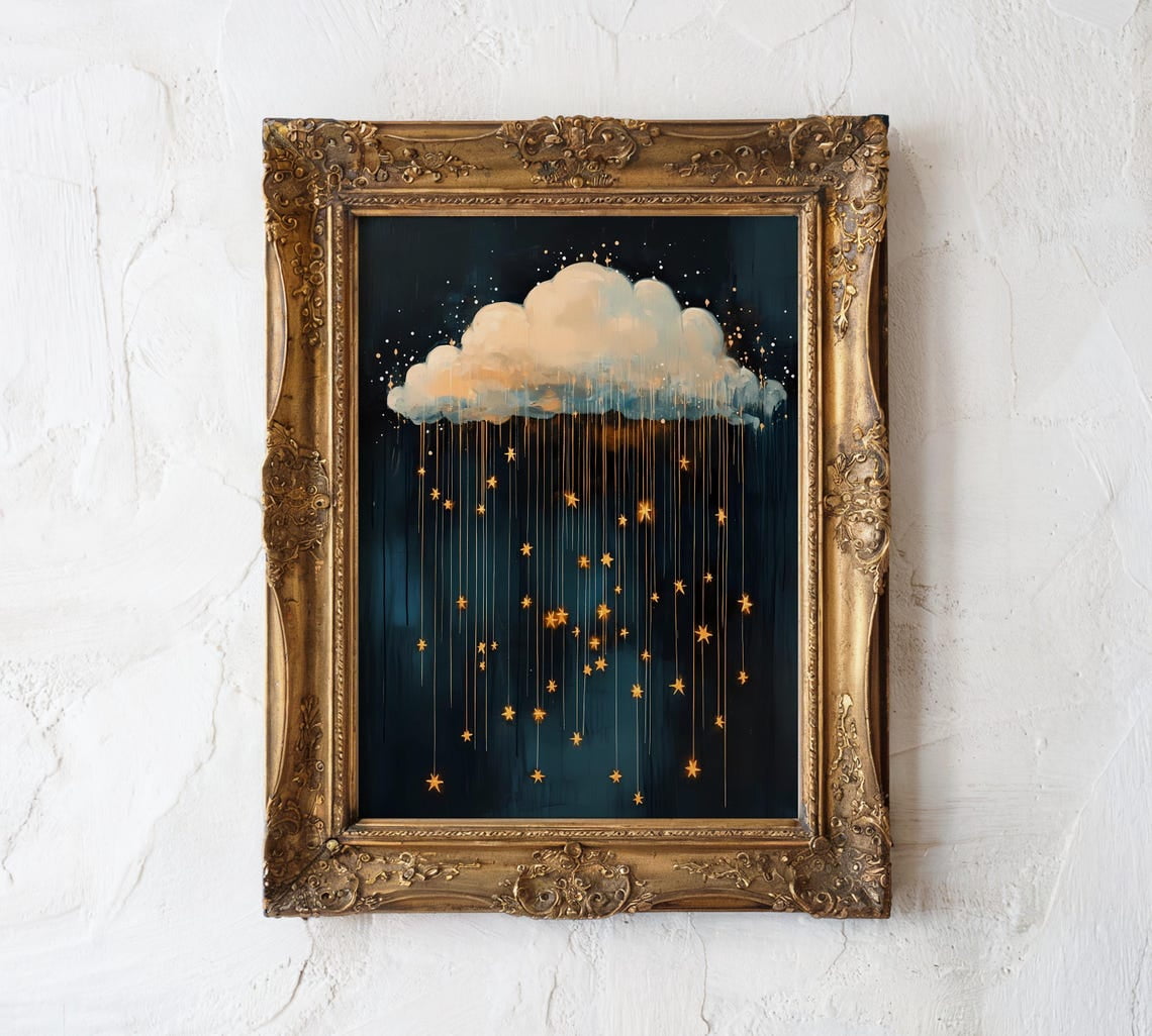 Cloud with Stars dark academia moody rain Poster blue gold sky artwork ...