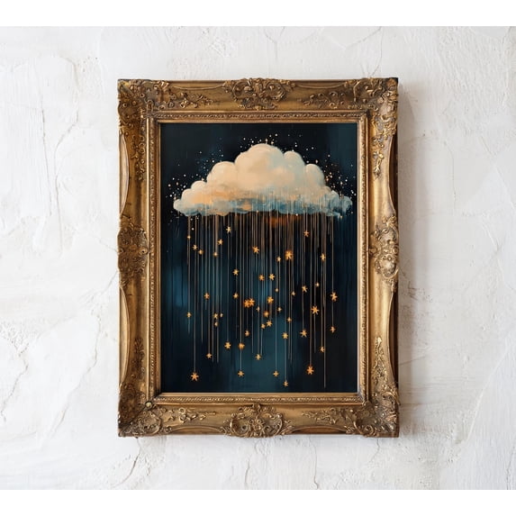 Cloud with Stars dark academia moody rain Poster blue gold sky artwork ...