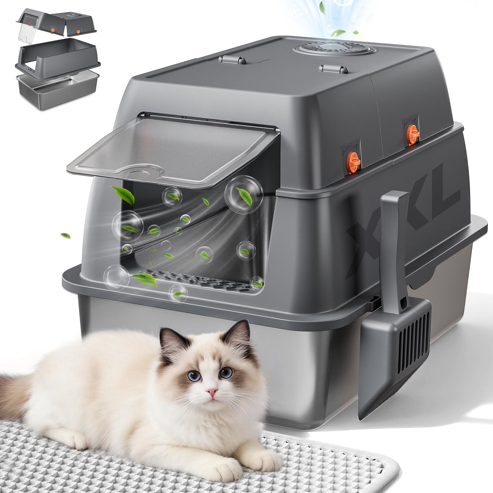 CloudRest Pro Enclosed Stainless Steel Cat Litter Box with Lid, Litter ...