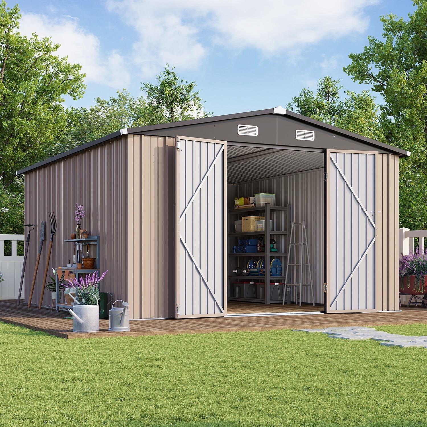 CLOUDDWELL 10x12FT Metal Shed, Sloped Roof, Lockable Double Doors ...
