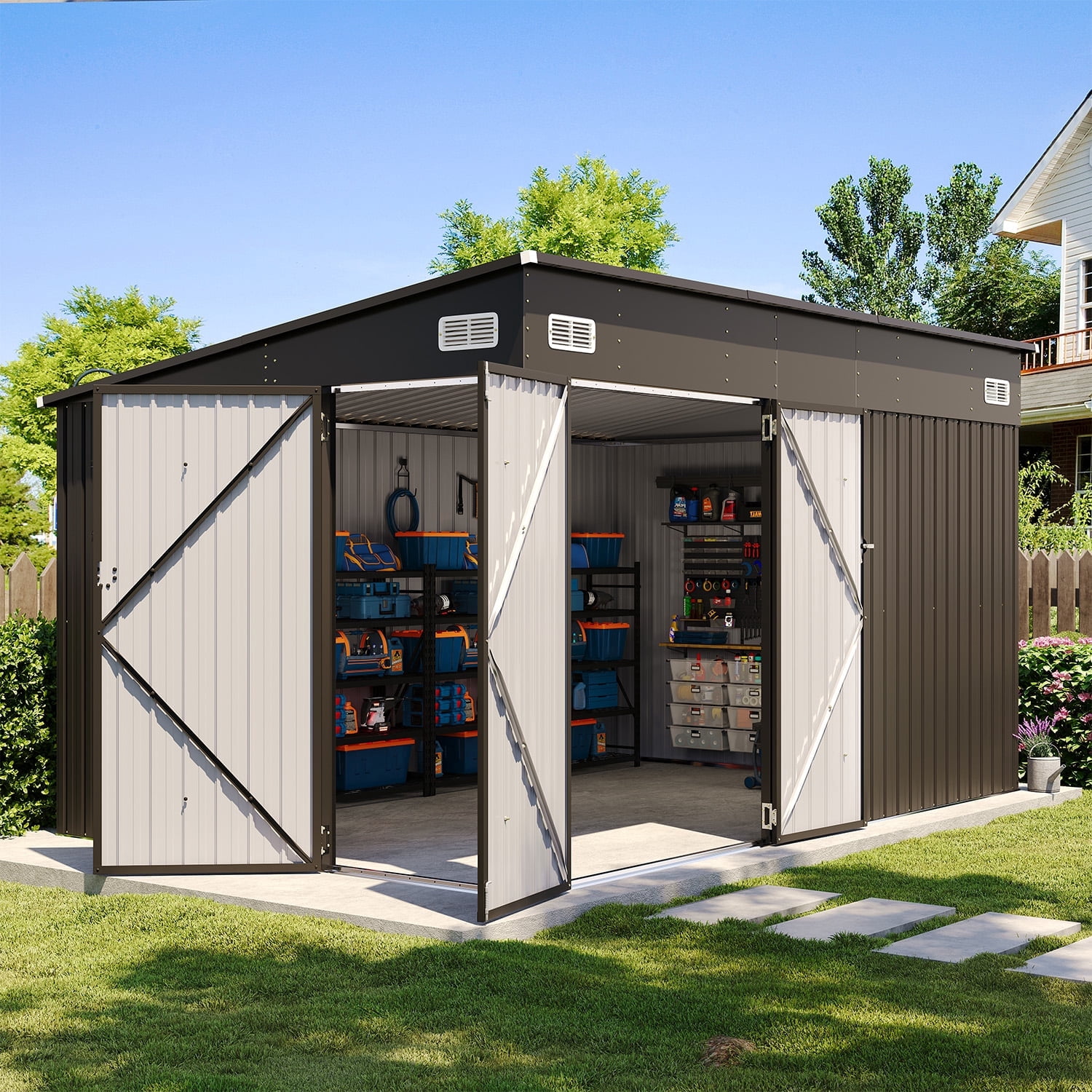 Clouddwell 12ft x 8ft Heavy-Duty Metal Storage Shed with 3 Doors ...