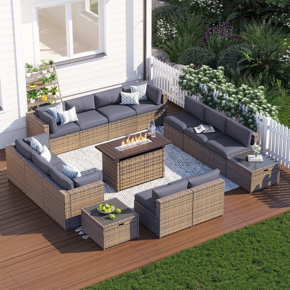 Clouddwell 15 Piece Patio Furniture Set with 44” Fire Pit Table Wicker ...