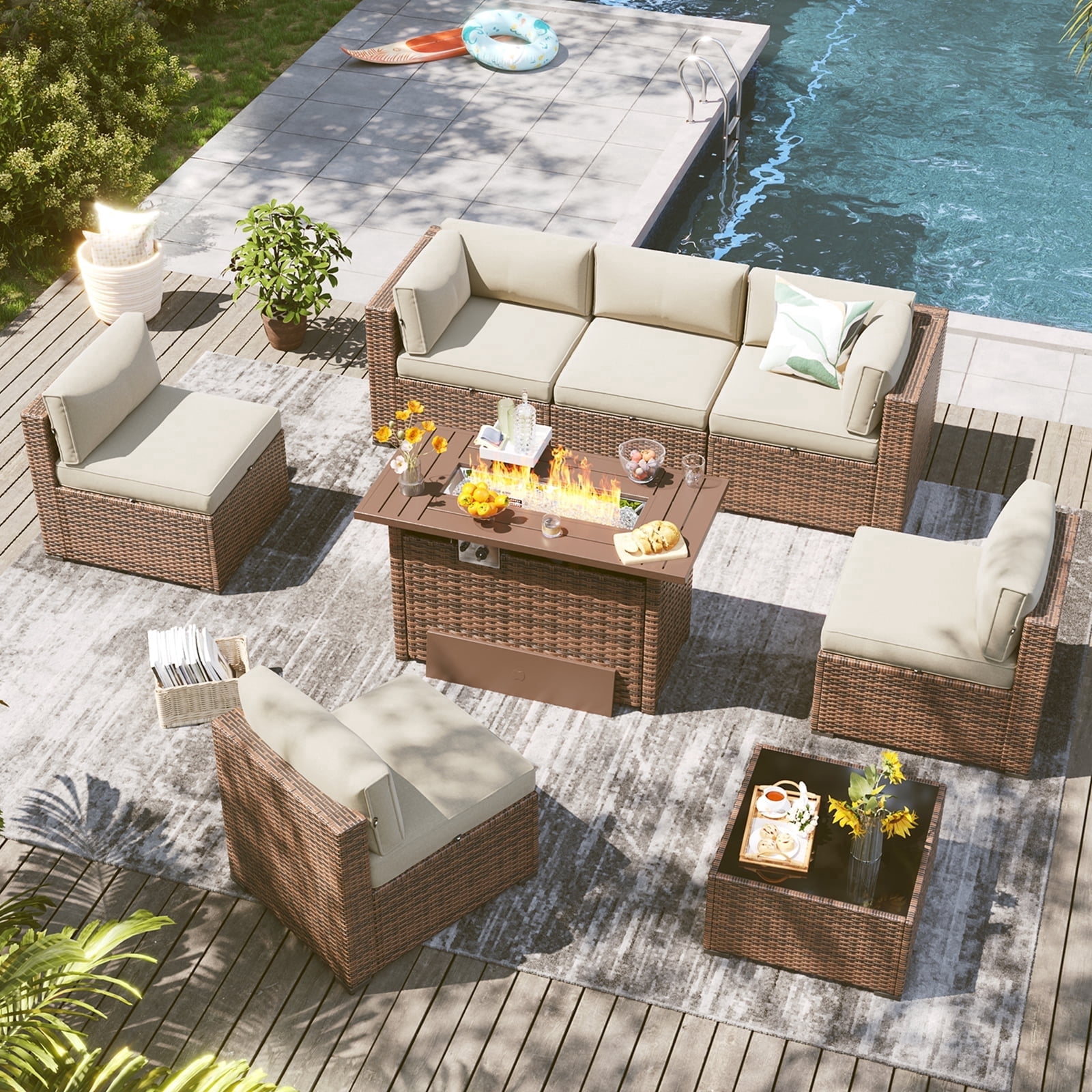 Clouddwell 8 Piece Outdoor Patio Furniture Set with 44" Fire Pit Table ...