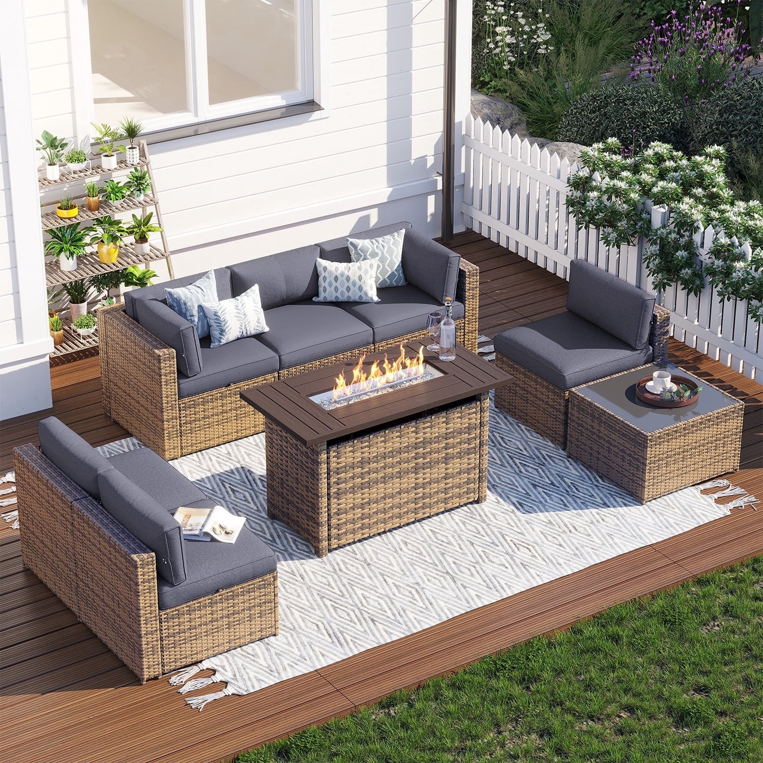Clouddwell 8 Piece Patio Furniture Set with 44” Fire Pit Table Wicker ...