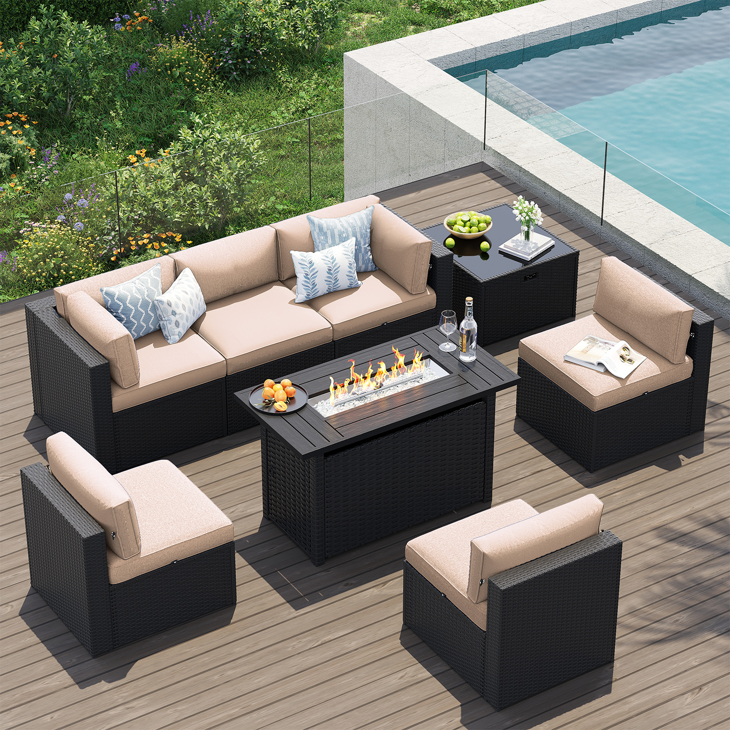 Clouddwell 8-Piece Patio Furniture Set With Fire Table On Sale, Black ...