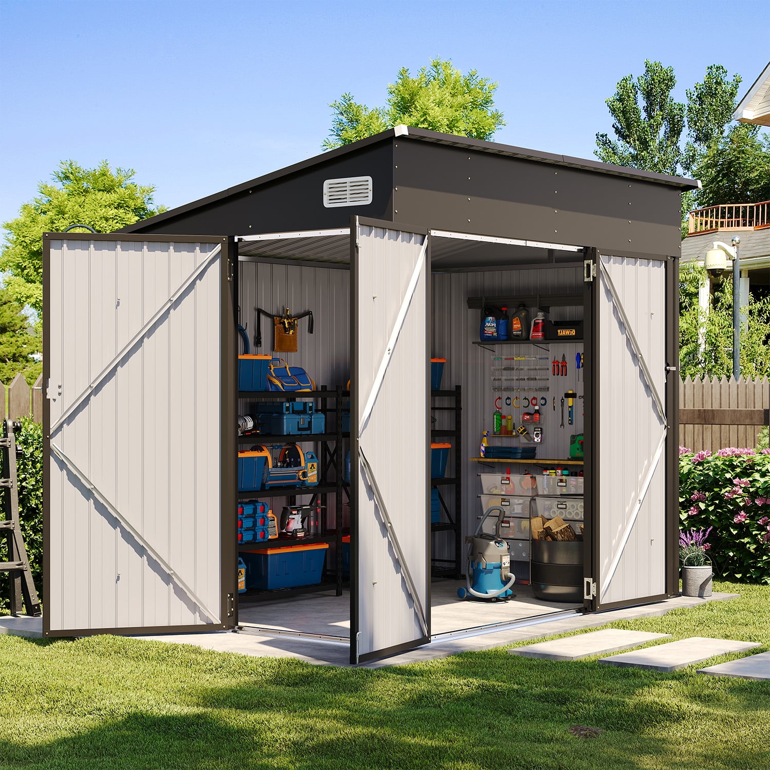 Clouddwell 8ft x 6ft Heavy-Duty Metal Storage Shed with 3 Doors ...