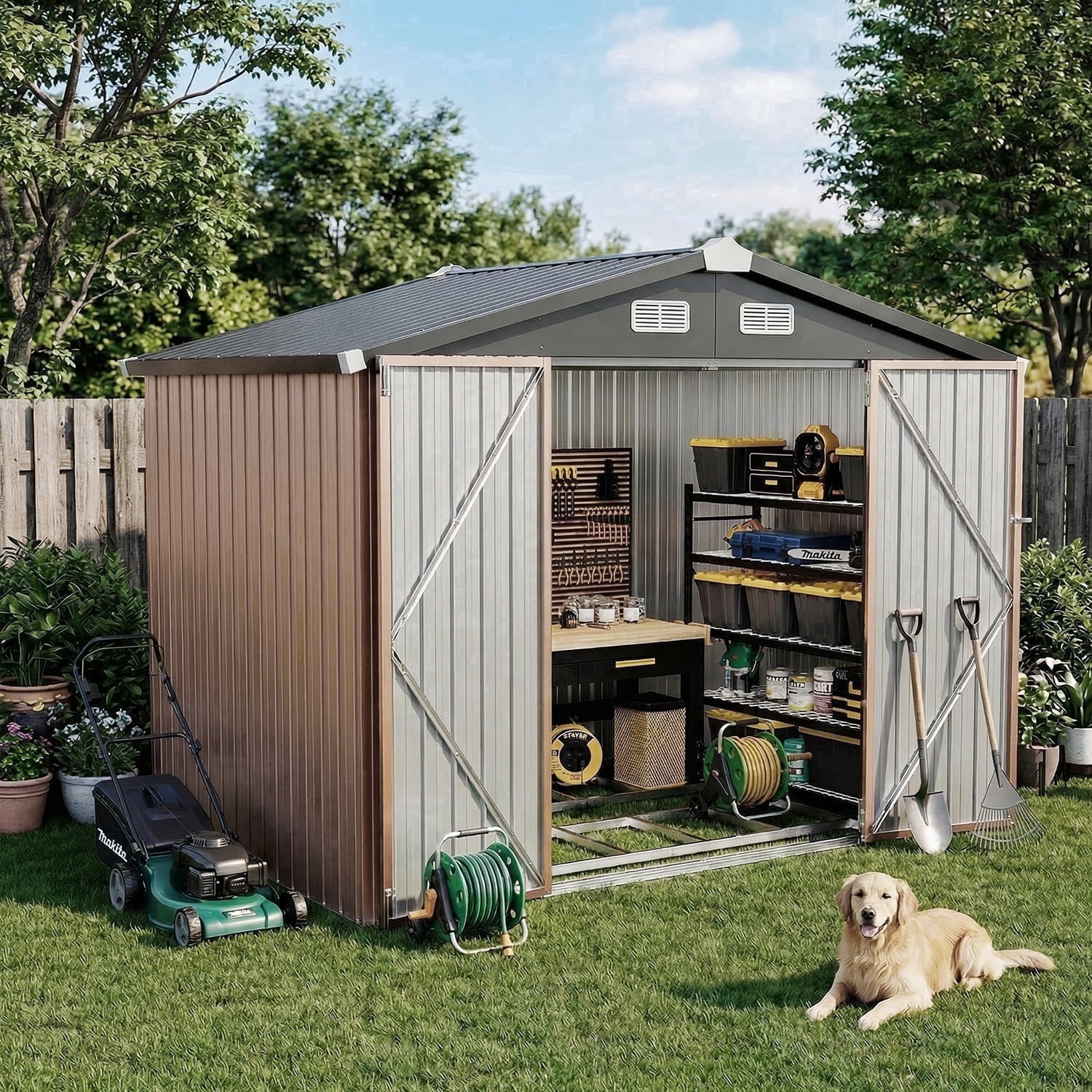 Clouddwell 8x6 ft. Outdoor Storage Shed with Base, Brown Metal Garden ...