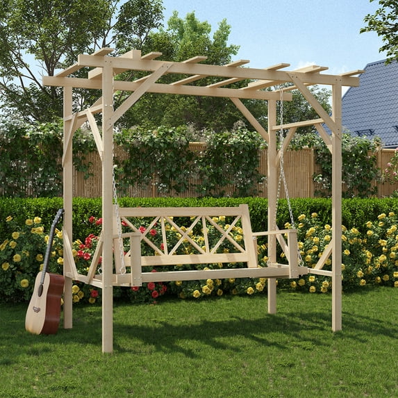 Clouddwell Natural Cedar Wood 3-Seat Pergola Swing Bench with Canopy ...
