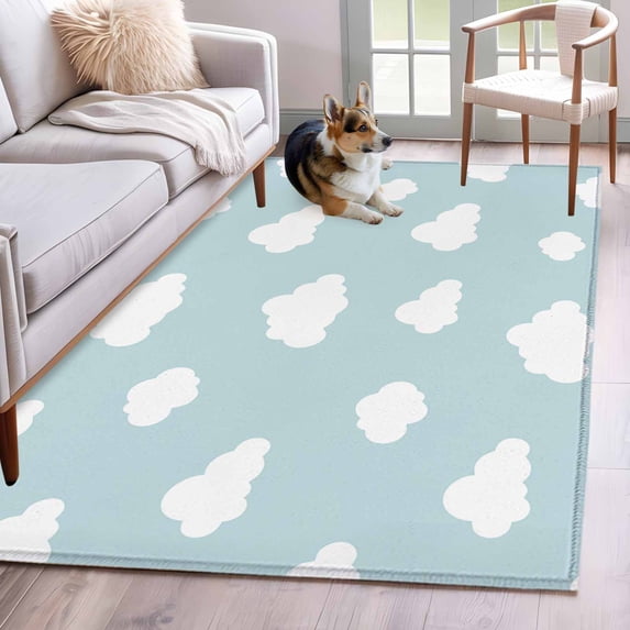Clouds 3'x5' Washable Rug, Cartoon Blue Sky Minimalist Aesthetic Non ...