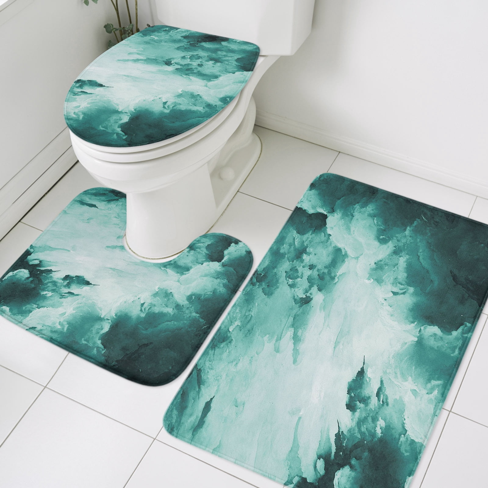 Clouds Bathroom Rugs Set Abstract Gradient Green Clouds Sky Non Slip ...