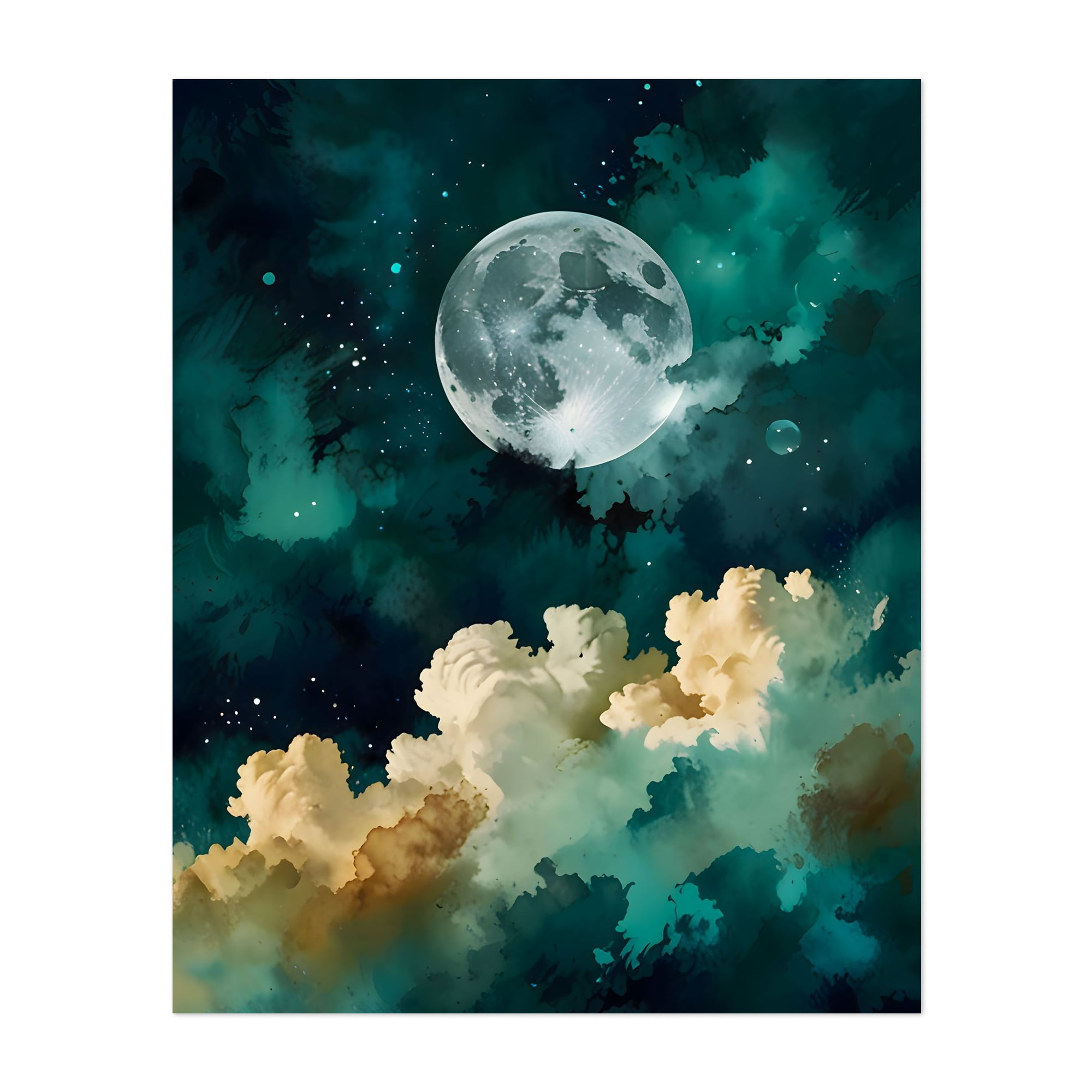 Clouds Beneath the Moon - Painting Moon Night Sky Mystical Stars Space ...