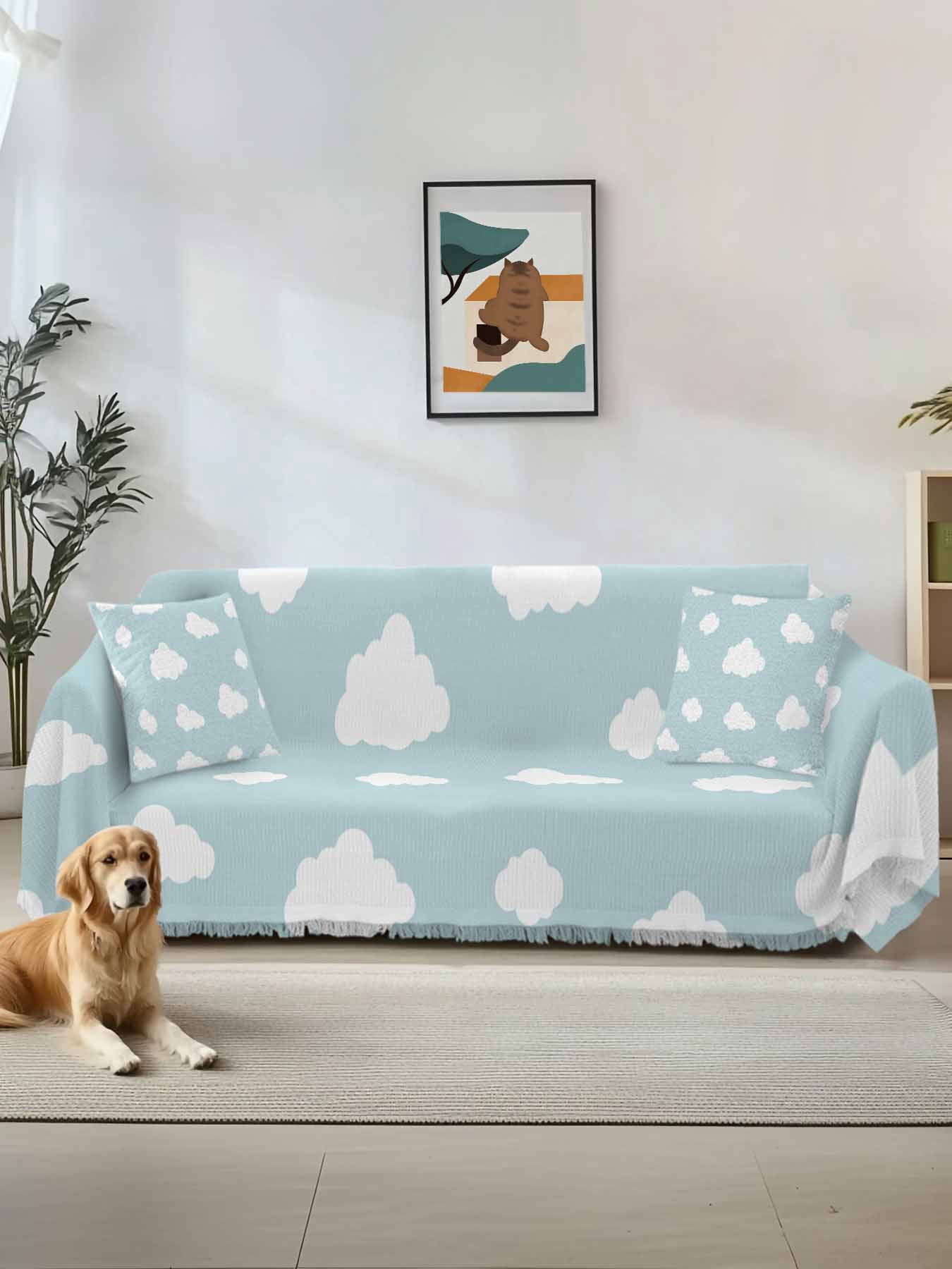 Clouds Couch Cover, Cartoon Blue Sky Minimalist Aesthetic Sofa Cover ...