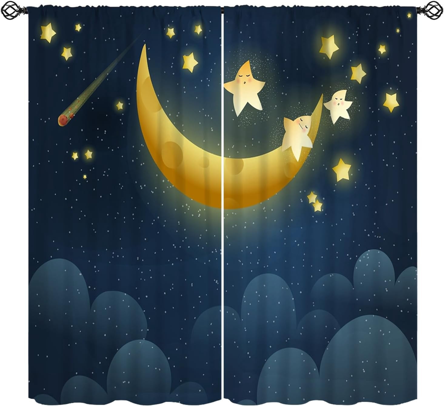 Clouds Curtains, Golden Moon Sleeping Shiny Stars Pattern Window ...