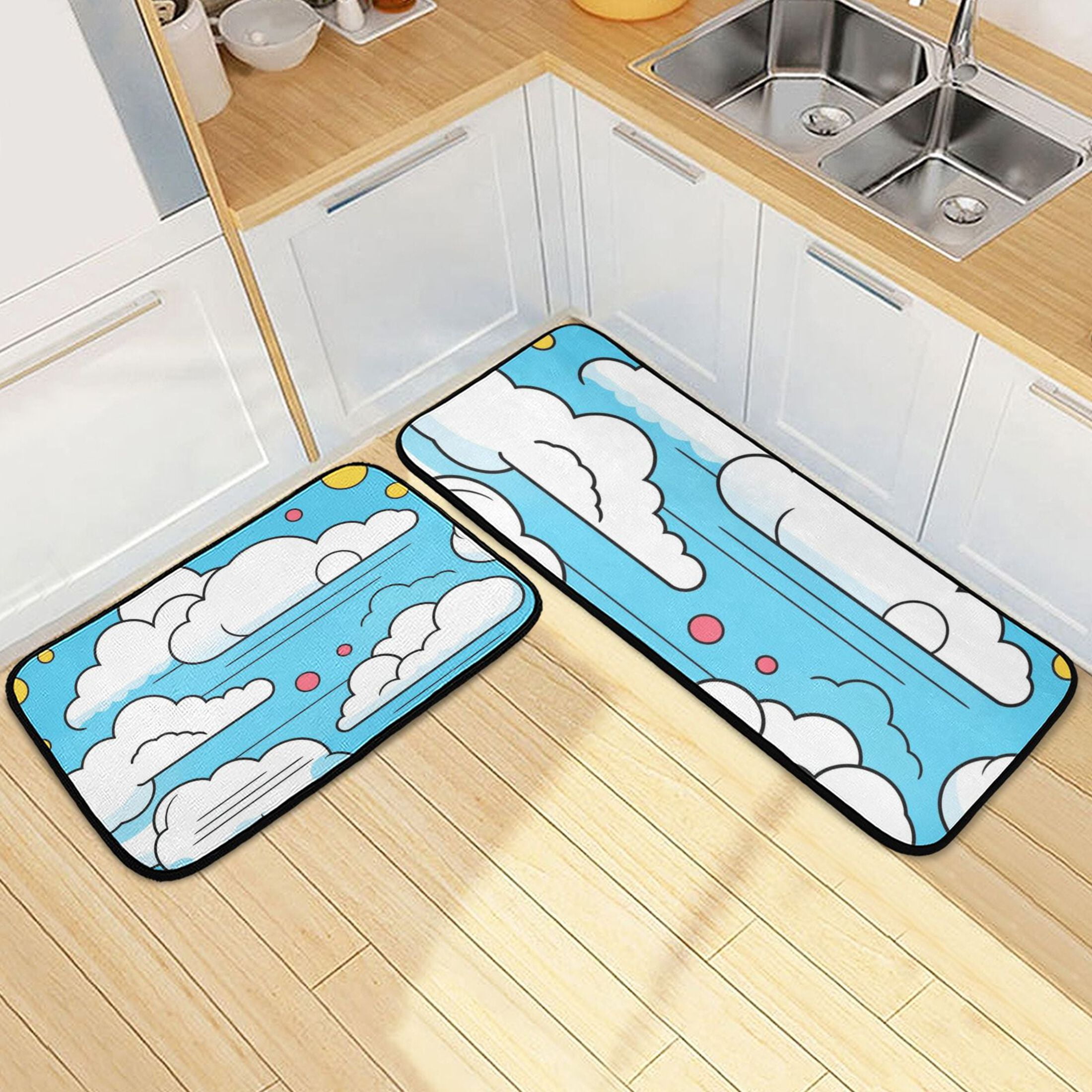 Clouds Cute Kitchen Rugs Set of 2 Non Slip Floor Foam Mat Cushioned ...