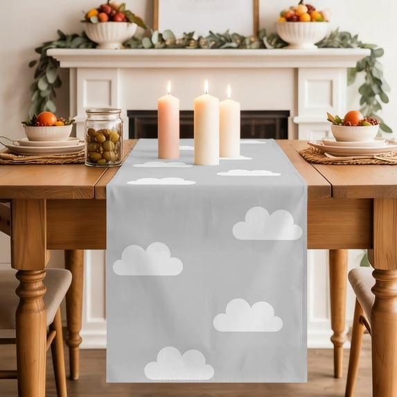 Clouds Dining Table Runner, Sky Cartoon Cool Gray Washable Table ...