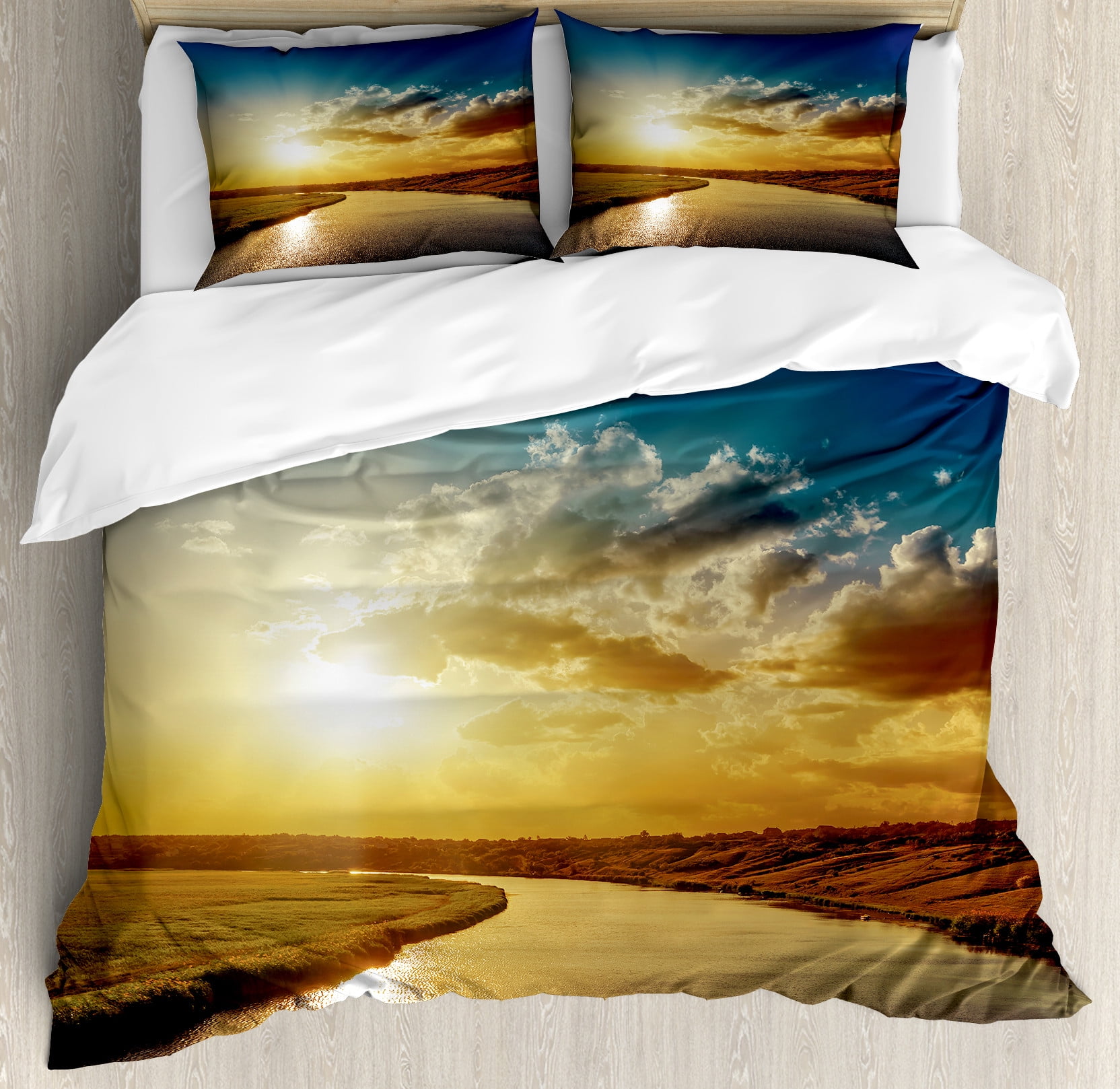 Clouds Duvet Cover Set, Cool Sunset over River Horizon Landscape ...
