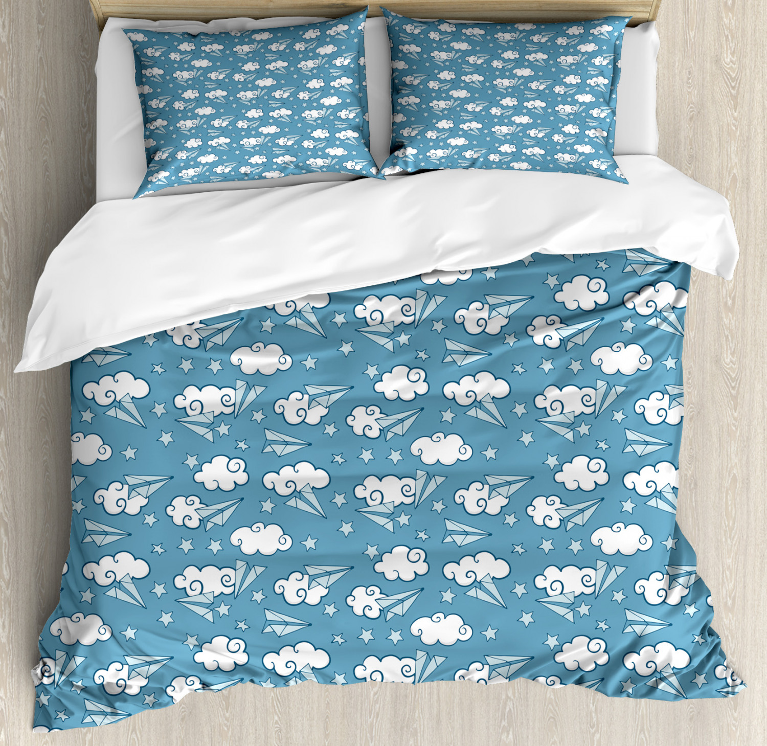 Clouds Duvet Cover Set Queen Size, Cute Sky Weather Cartoon with ...
