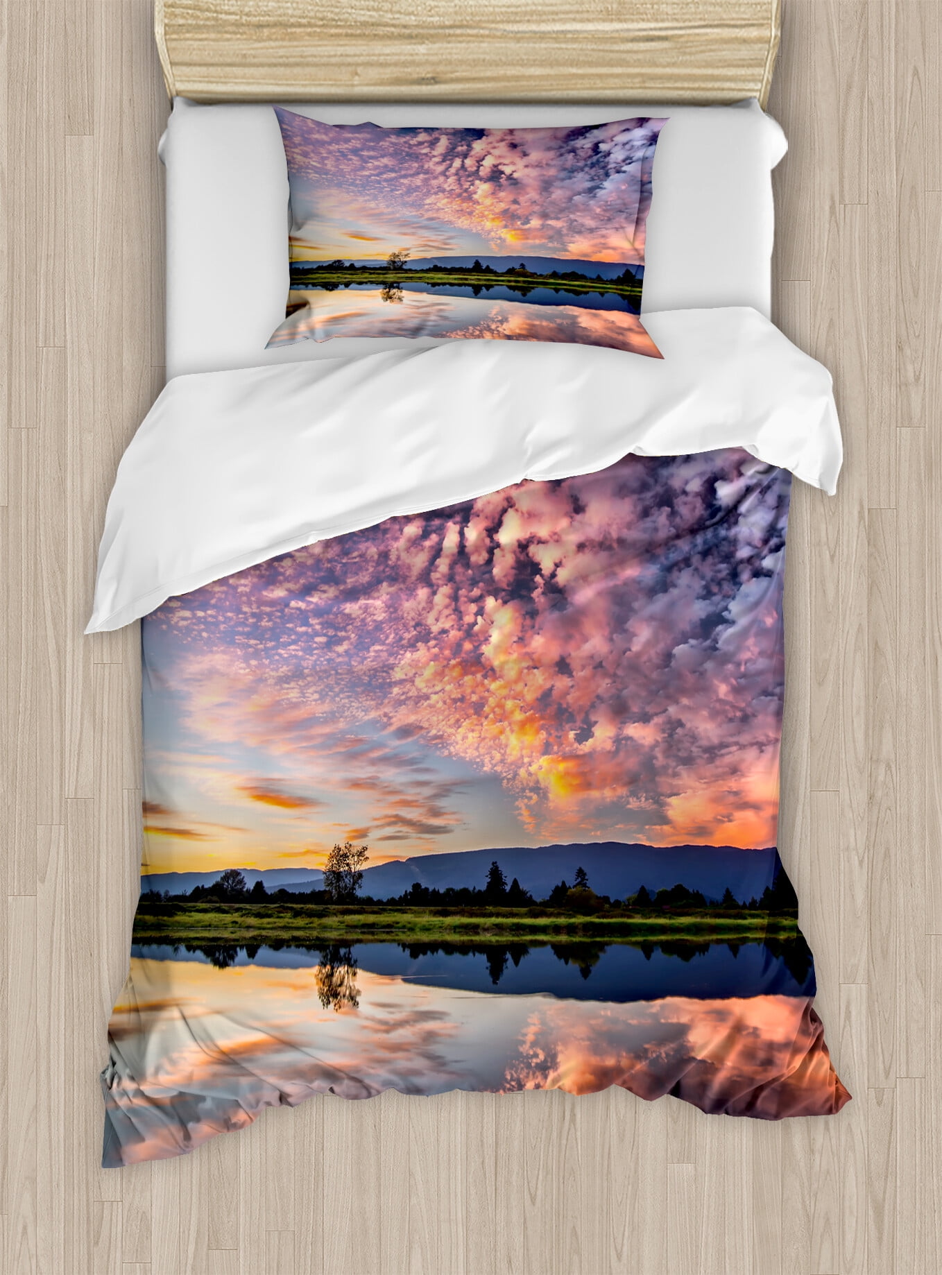 Clouds Duvet Cover Set, Reflection Pink Colored Clouds in Water ...