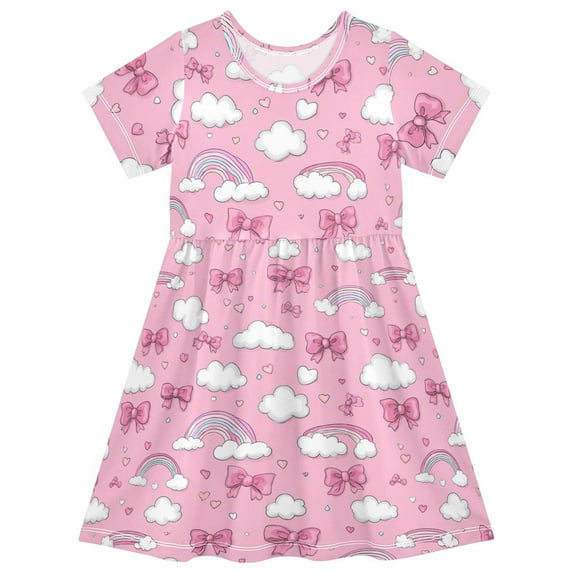 Clouds Love Rainbow Bow Short Sleeve Dress A-Line Cute Midi Casual ...