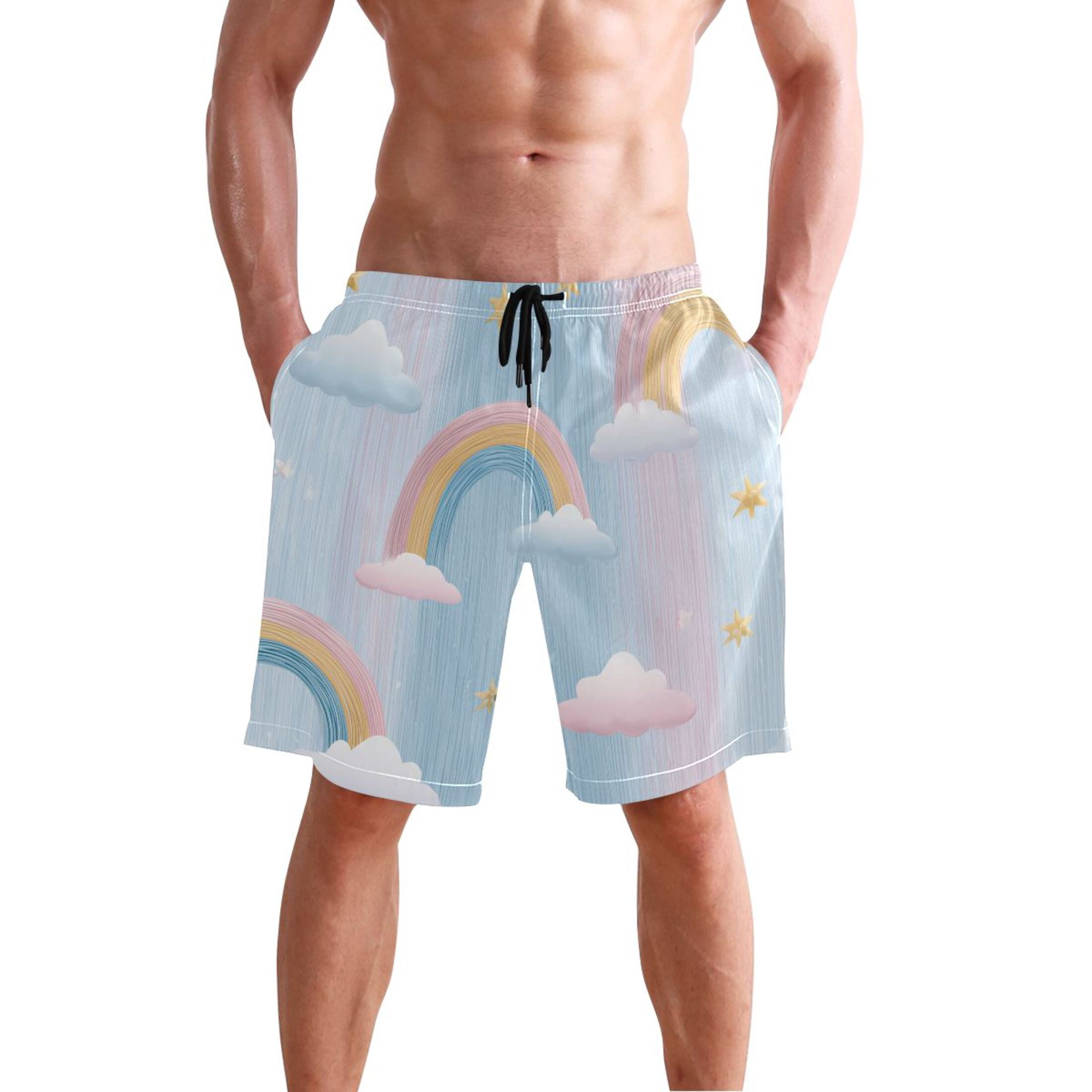 Clouds Stars Rainbows Striped Background Men's Swim Trunks Beach Shorts ...
