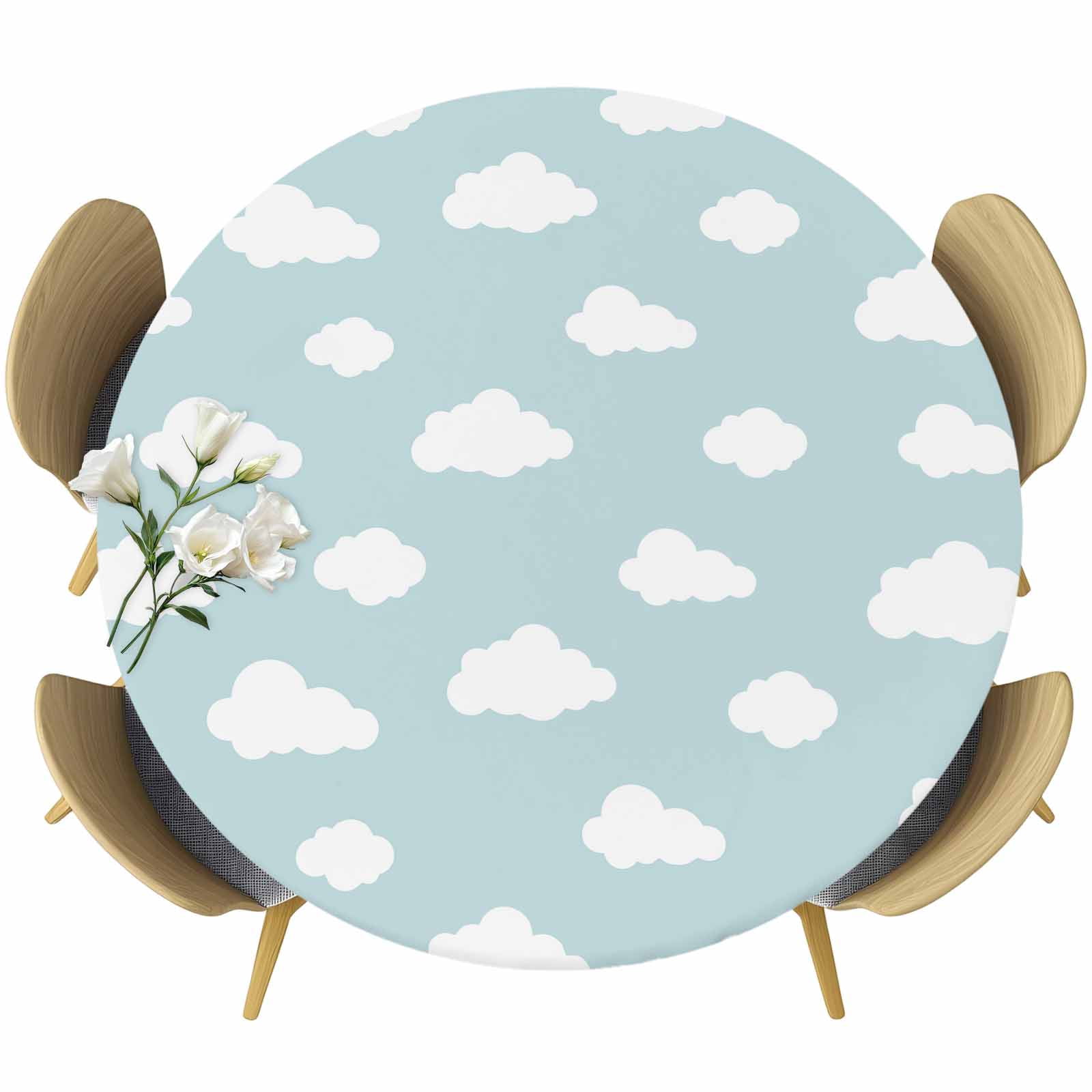 Clouds Table Cloth, Round Fitted Tablecloths with Elastic Edge, Cartoon ...