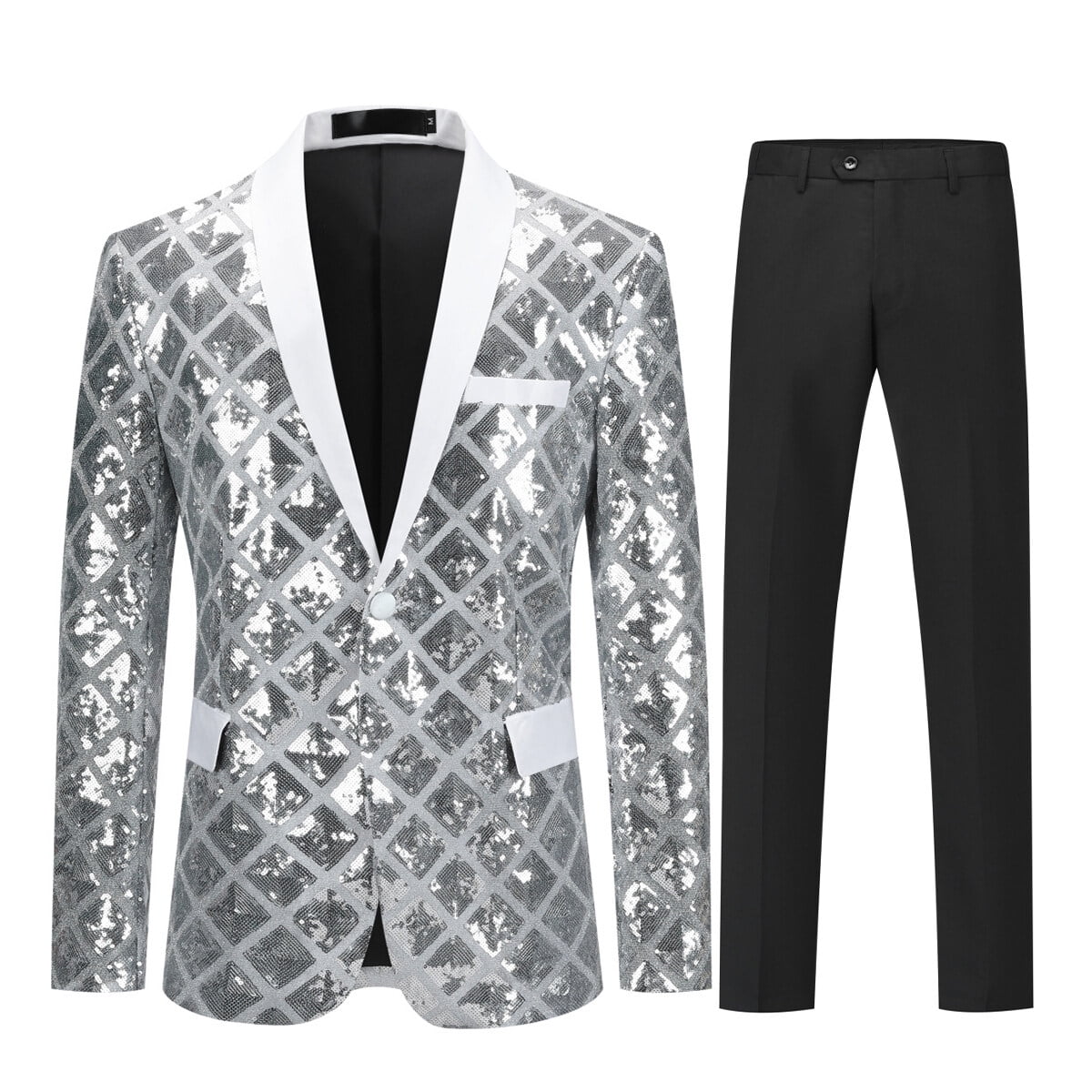 Cloudstyle Men's 2Pcs Suit Single-breasted 1 Button Plaid Sequin Blazer ...