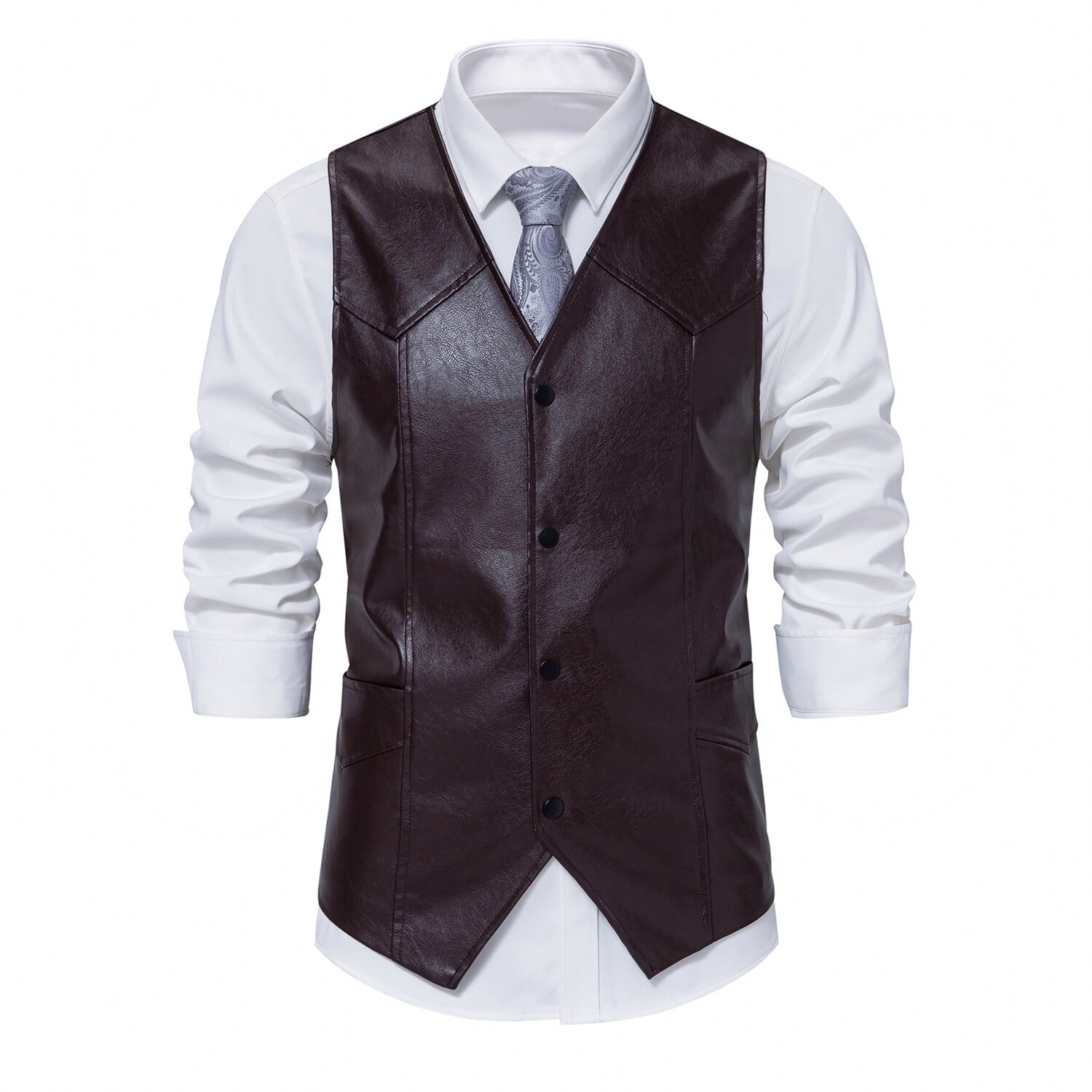 Cloudstyle Men's Retro Vest V-Neck Single-Breasted PU Leather Two ...