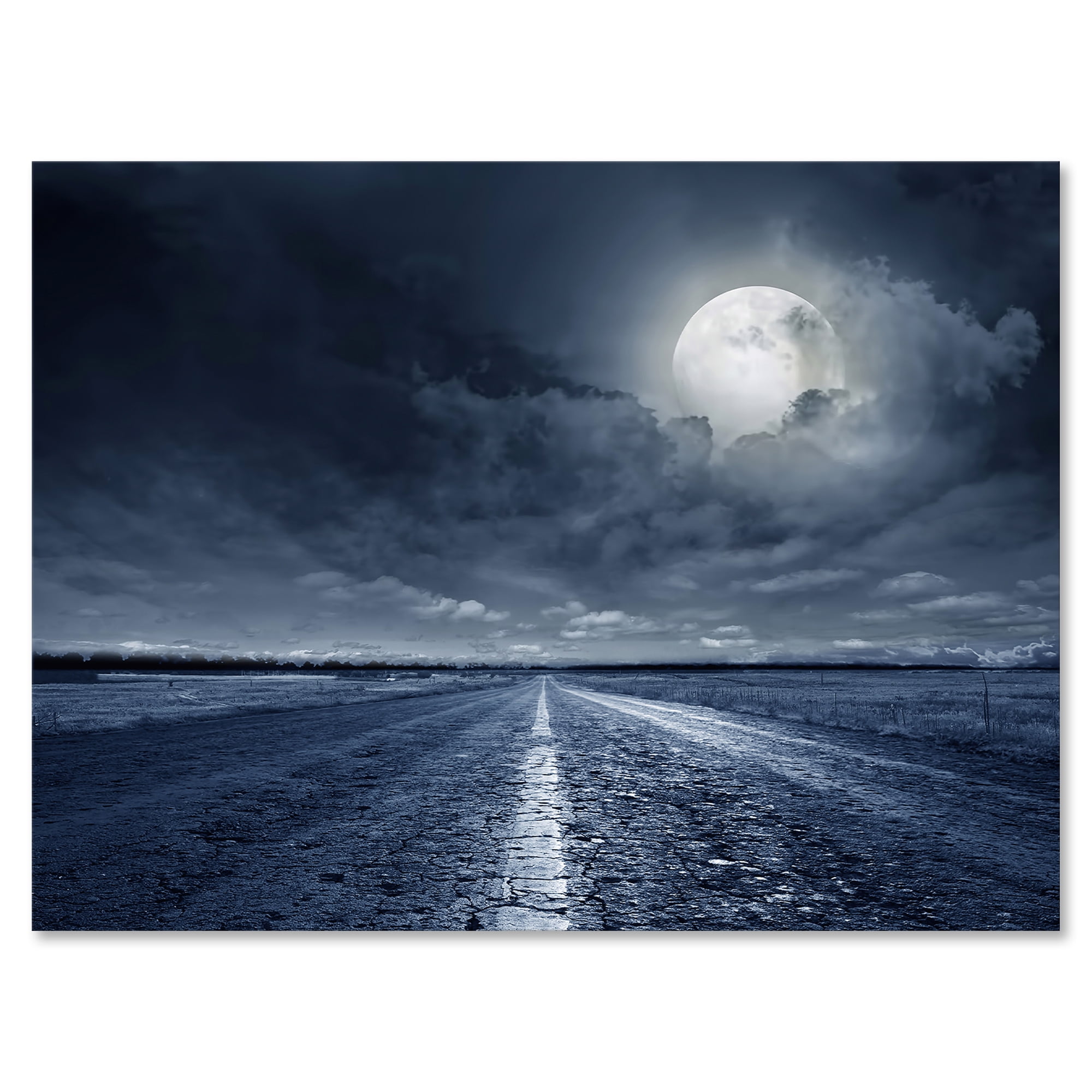 Cloudy Full Moon Over Asphalt Road I 40 in x 30 in Photography Canvas ...