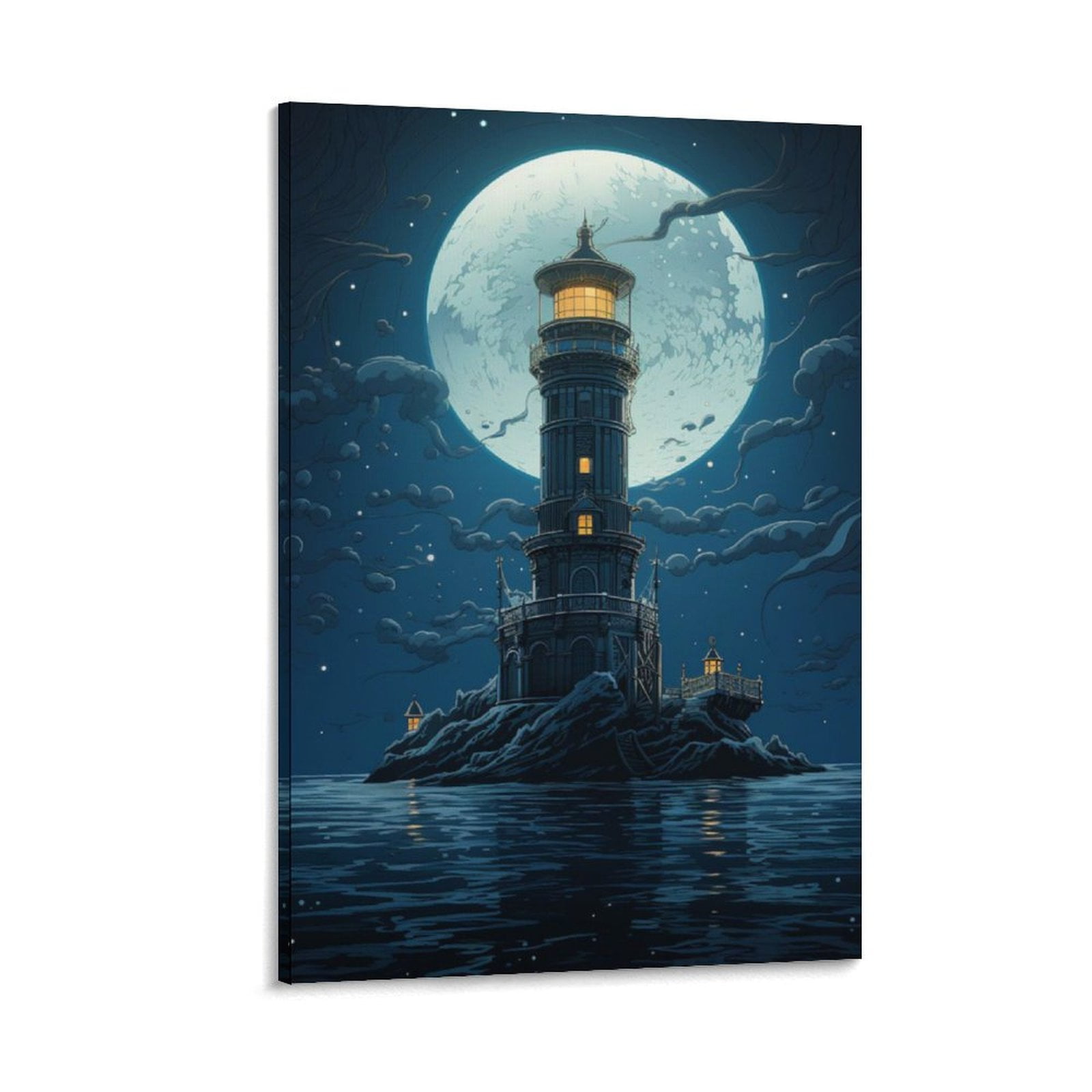 Cloudy Moon Lighthouse Nature Landscape Watercolor Art Print Poster ...