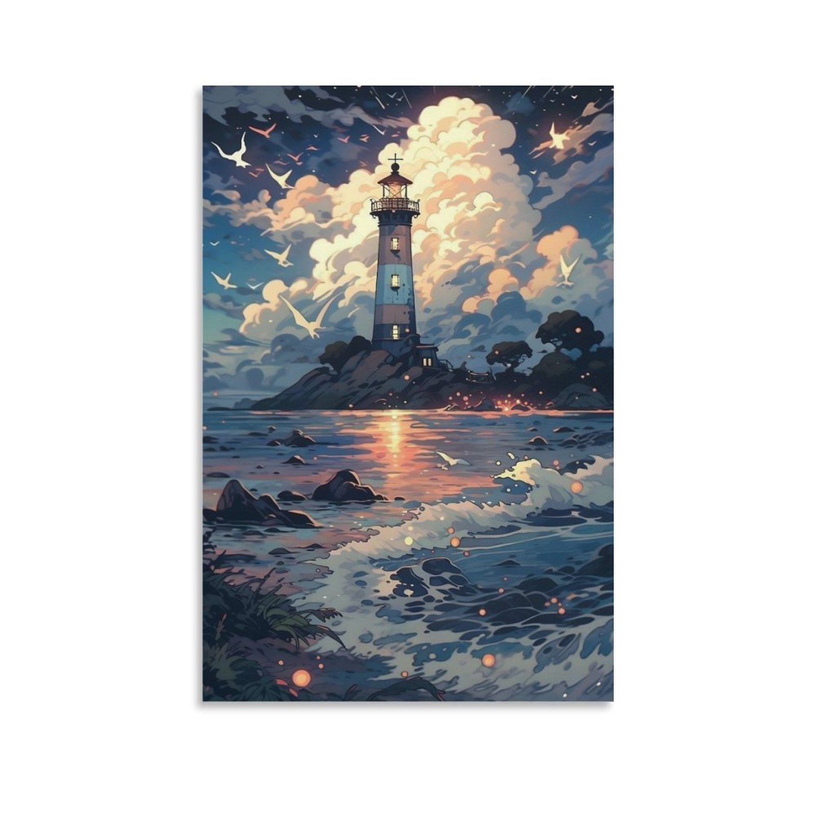 Cloudy Seaside Lighthouse Nature Landscape Watercolor Art Print Poster ...