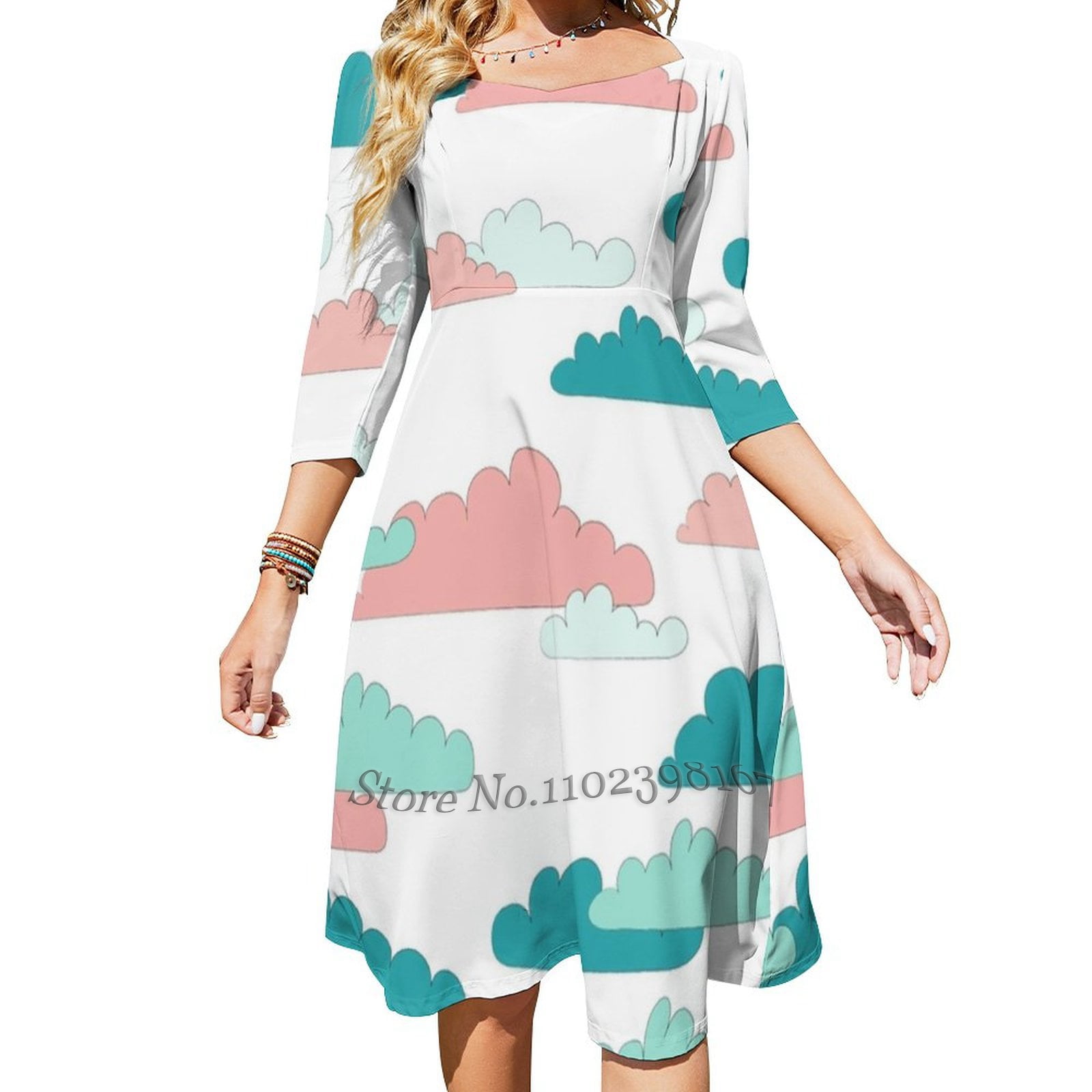 Cloudy Sky Square Neck Dress New Plus Size Elegant Women Waist Tight Dress Color Teal Rose ...