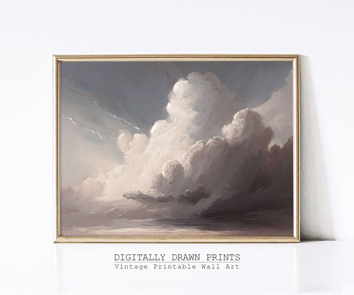 Cloudy Sky Vintage Landscape Muted Wall Art, Unframed Paper Print Size ...