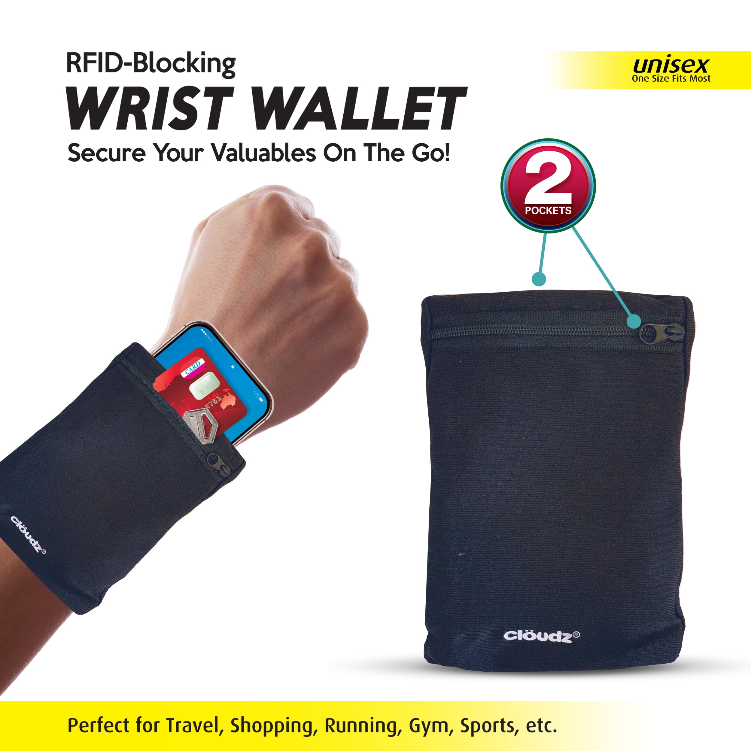 Cloudz RFID Protection Wrist Wallet - 2 Pockets, Elastic & Breathable ...