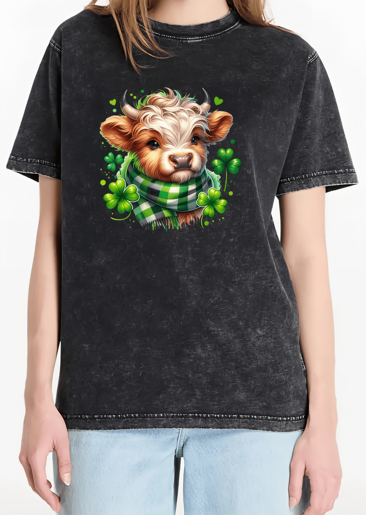 Clover Decorated Plaid Scarf Cow Graphic Wash Print Tshirt Graphic Tees ...