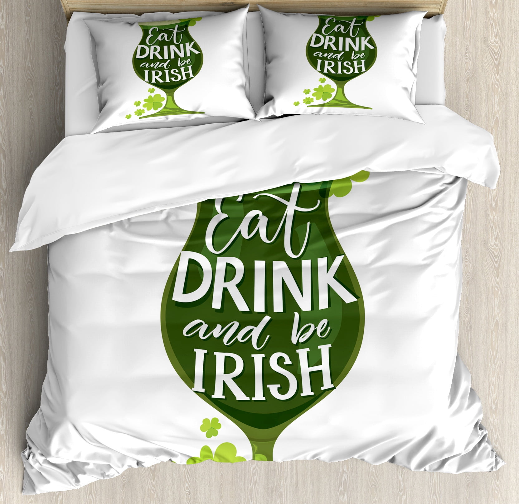 Clover Duvet Cover Set, Eat Drink and Be Irish Lettering on Folkloric ...
