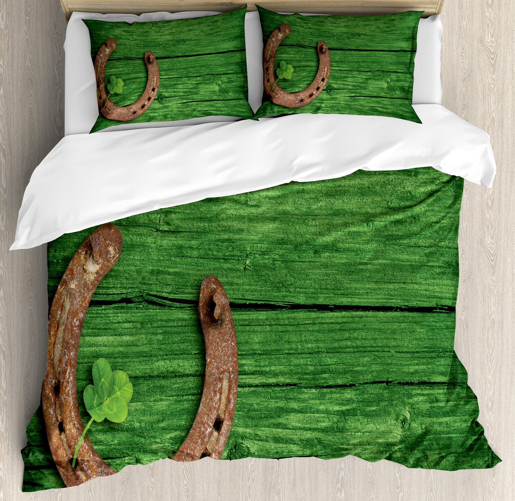 Clover Duvet Cover Set, Luck Symbols Rusty Horseshoe Little Shamrock on ...