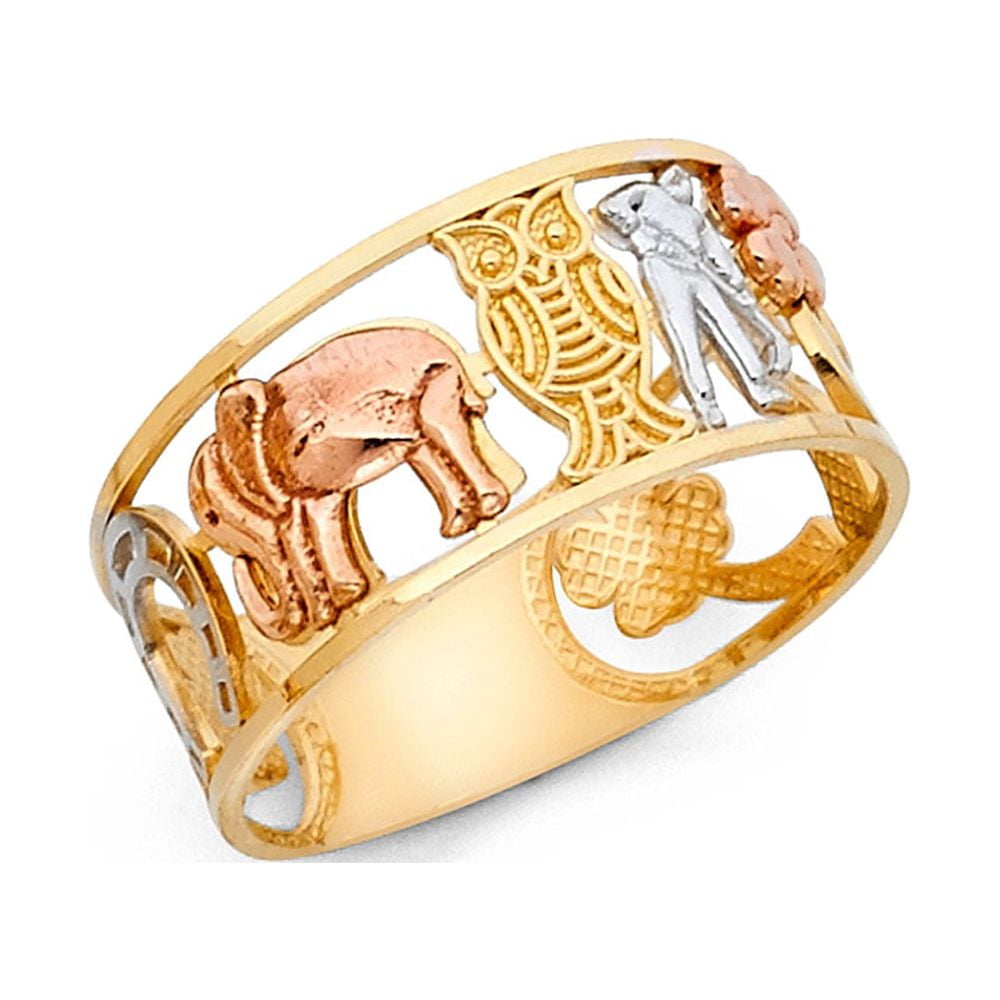 Clover Elephant Owl Horseshoe Ring 14k Yellow White Rose Gold Good Luck ...