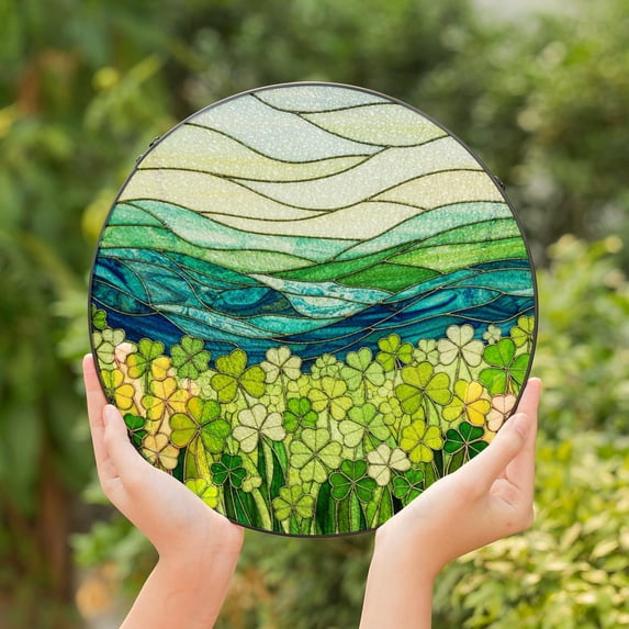 Clover Field Stained Glass Suncatcher, Green Landscape Window Hanging ...